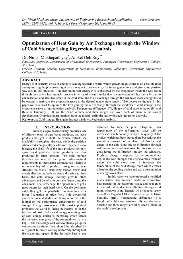 Optimization of Heat Gain by Air Exchange through the Window of Cold Storage Using Regression ...