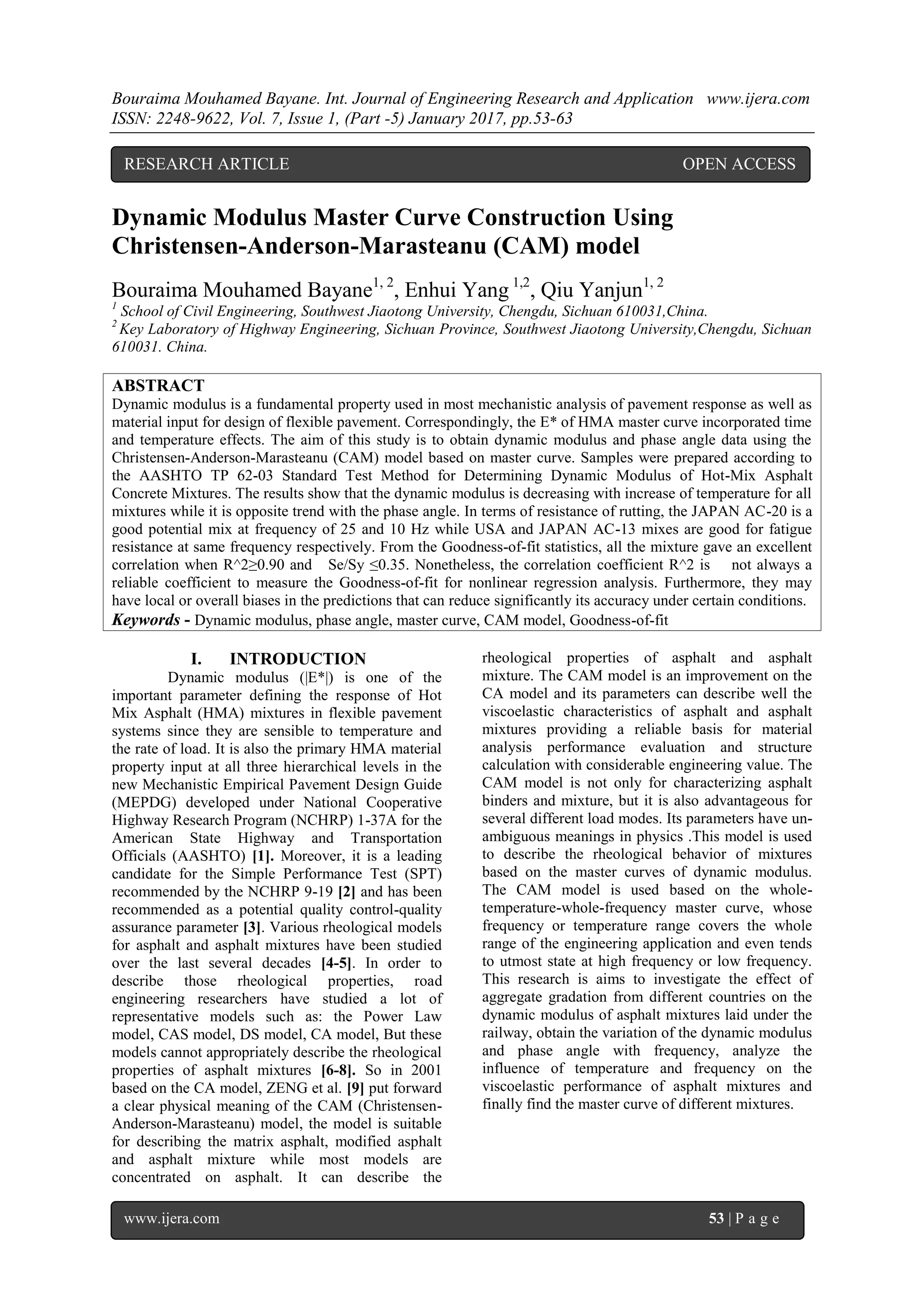 Dynamic Modulus Master Curve Construction Using Christensen-Anderson ...