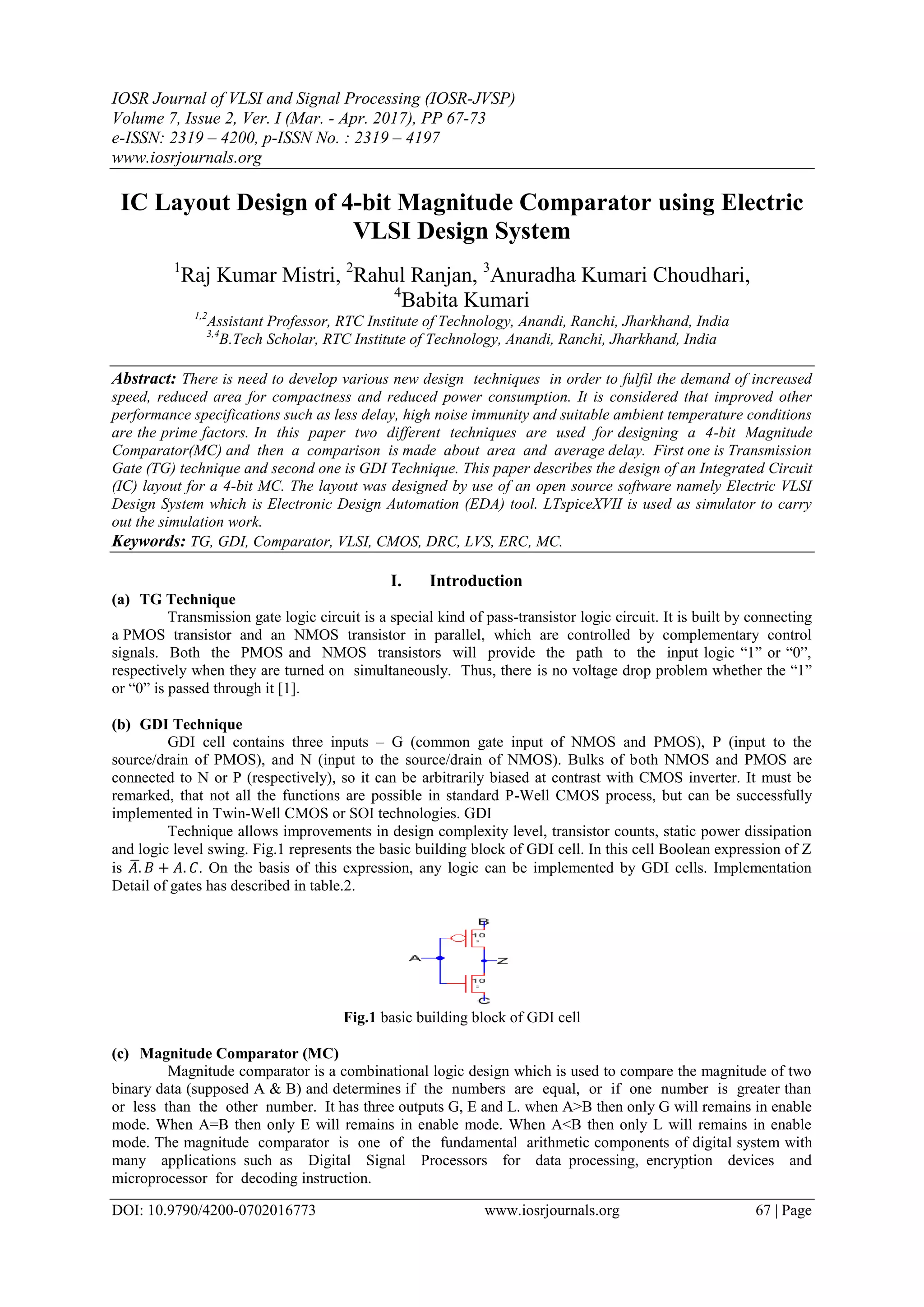 IC Layout Design of 4-bit Magnitude Comparator using Electric VLSI ...