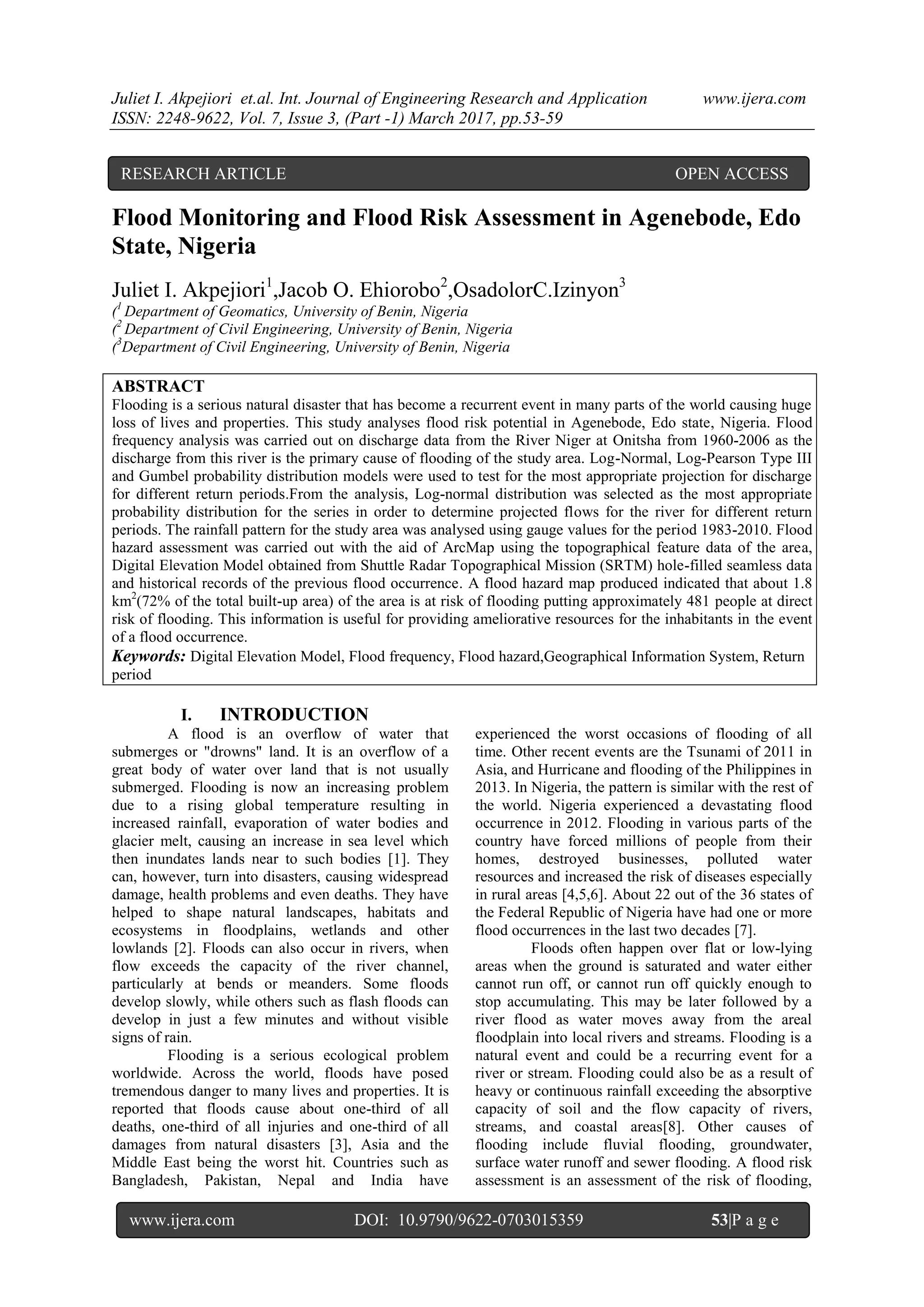 Flood Monitoring and Flood Risk Assessment in Agenebode, Edo State ...