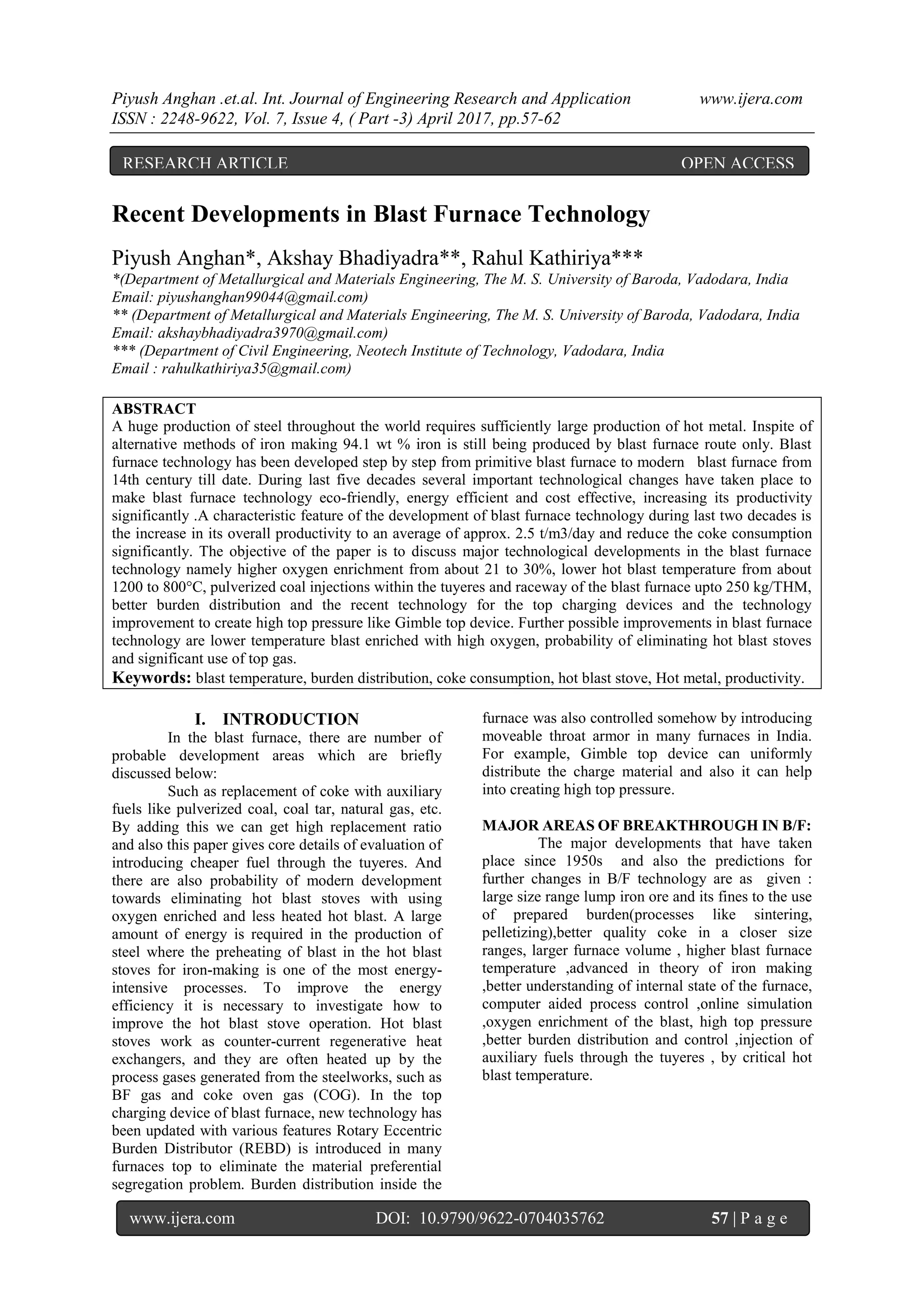 Recent Developments in Blast Furnace Technology | PDF