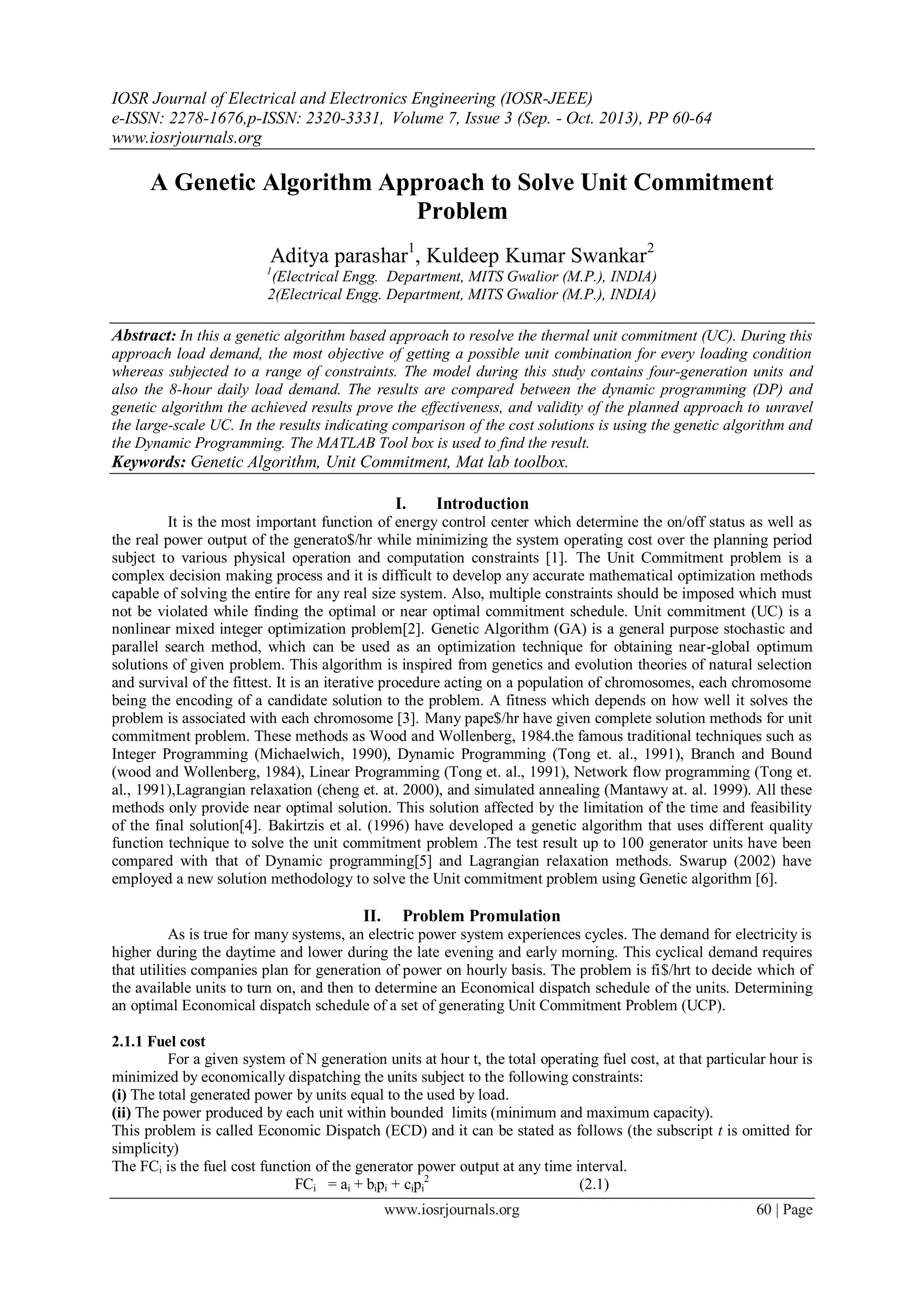 A Genetic Algorithm Approach to Solve Unit Commitment Problem | PDF
