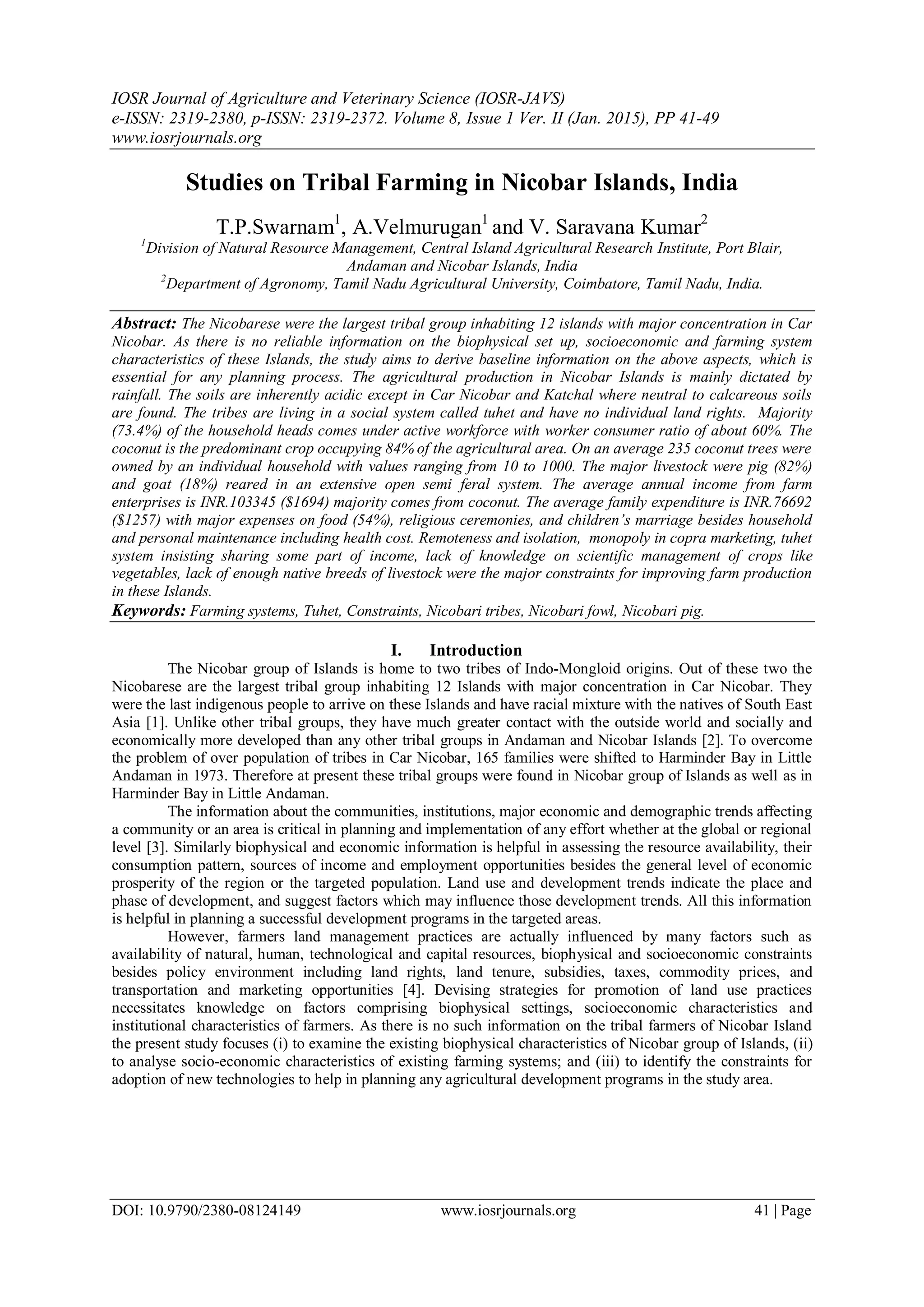 Studies on Tribal Farming in Nicobar Islands, India | PDF
