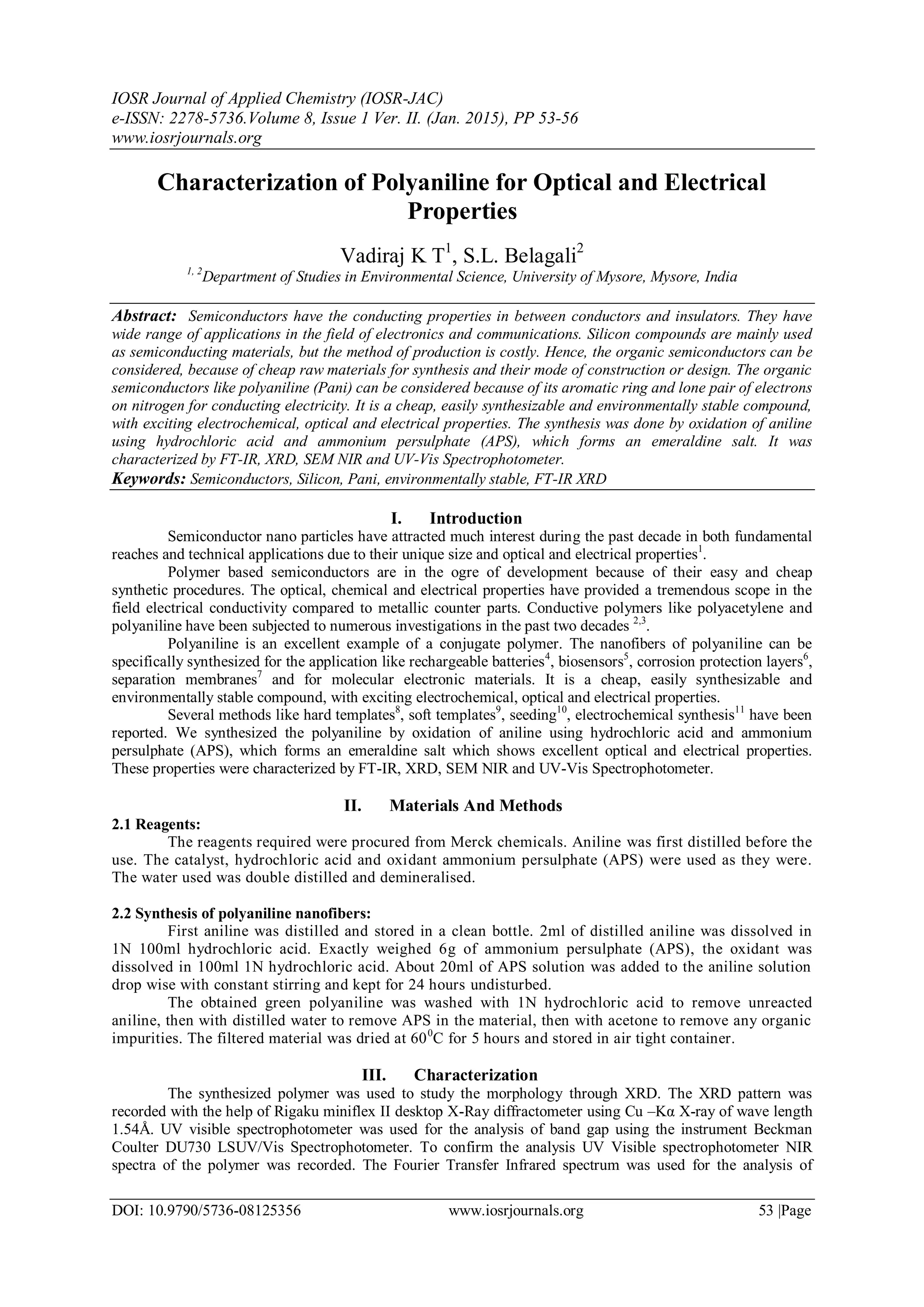 Characterization of Polyaniline for Optical and Electrical Properties | PDF