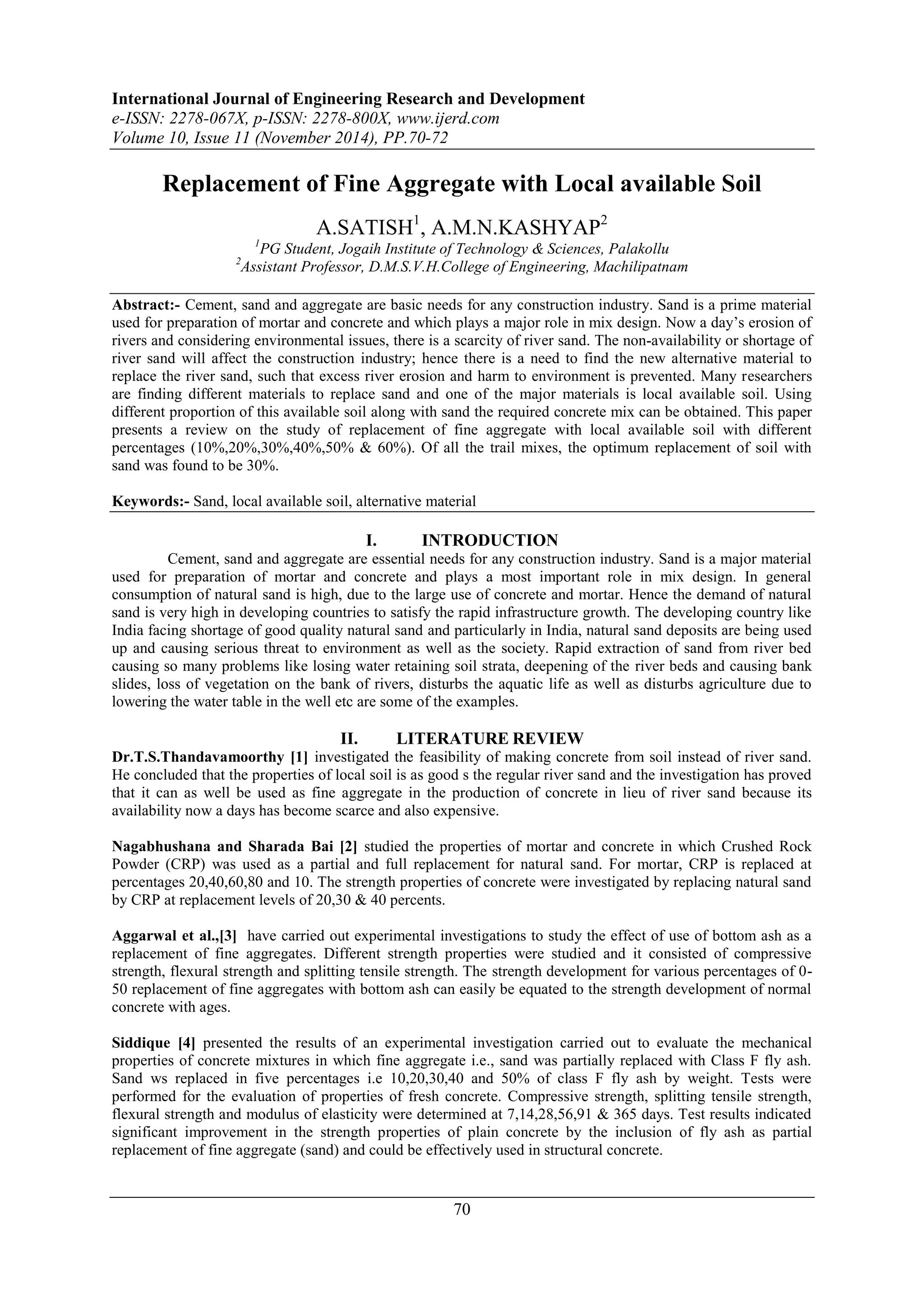 Replacement of Fine Aggregate with Local available Soil | PDF