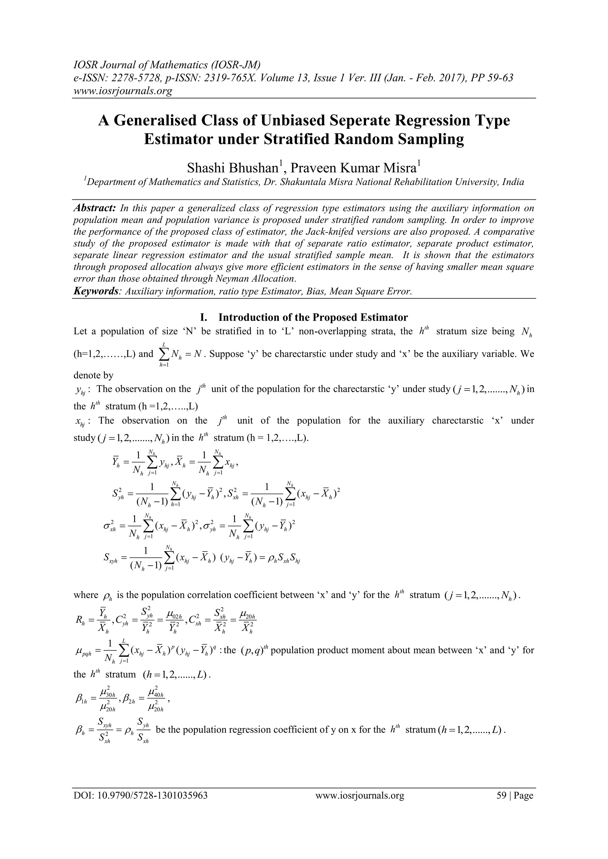 A Generalised Class of Unbiased Seperate Regression Type Estimator under Stratified Random ...