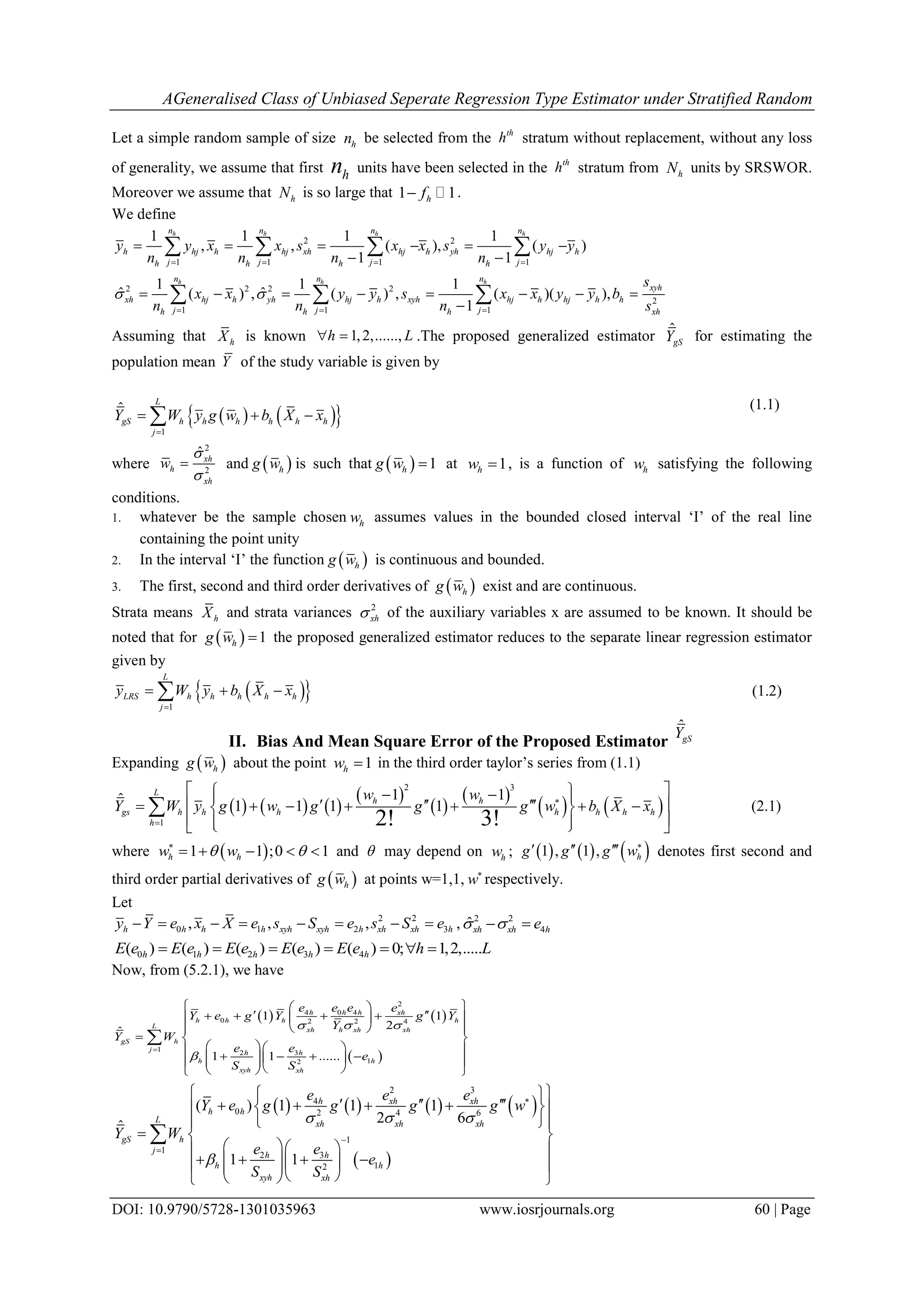 A Generalised Class Of Unbiased Seperate Regression Type Estimator Under Stratified Random