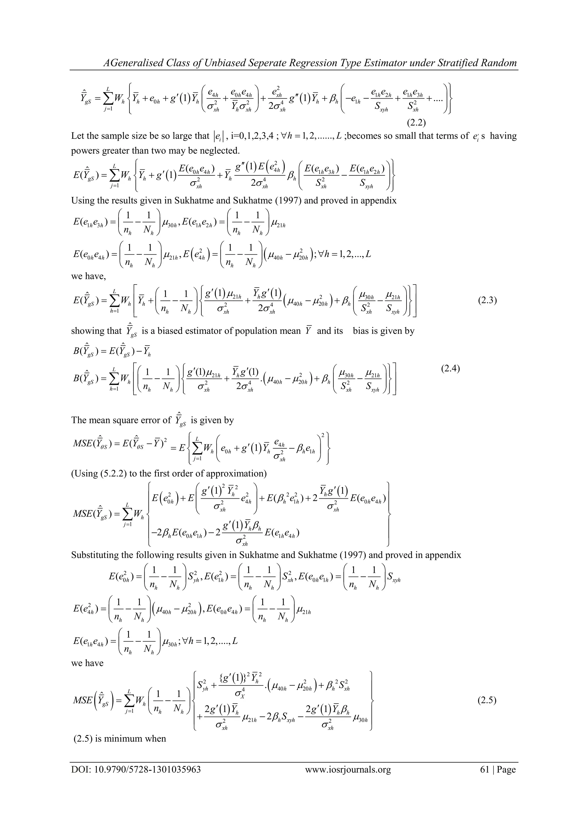 A Generalised Class of Unbiased Seperate Regression Type Estimator under Stratified Random ...