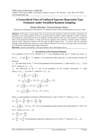 A Generalised Class of Unbiased Seperate Regression Type Estimator under Stratified Random ...