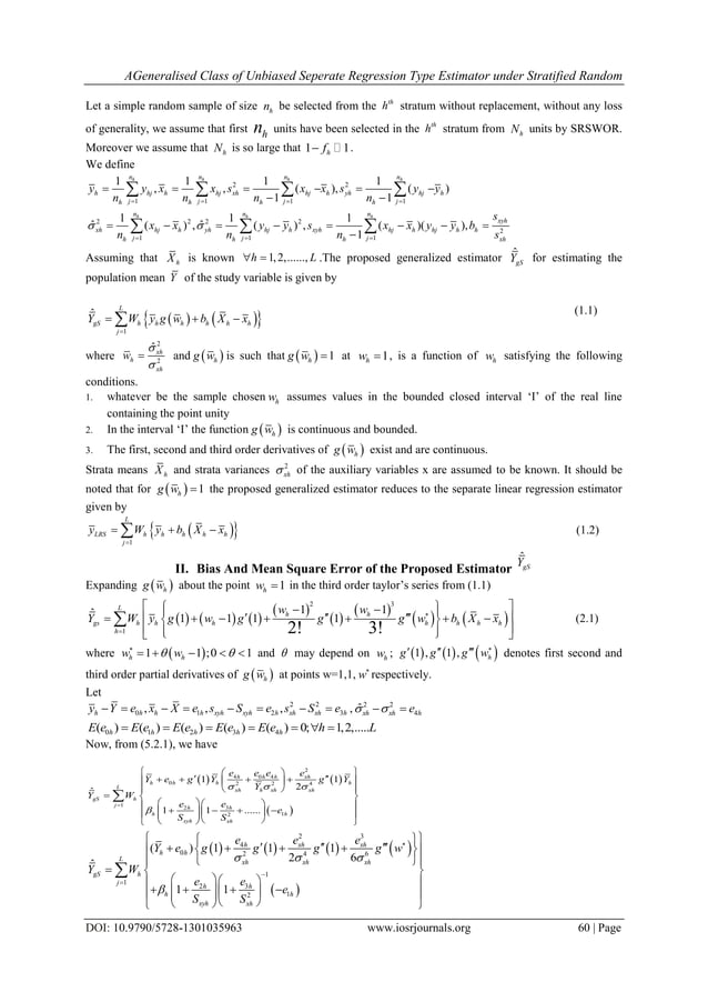 A Generalised Class of Unbiased Seperate Regression Type Estimator under Stratified Random ...