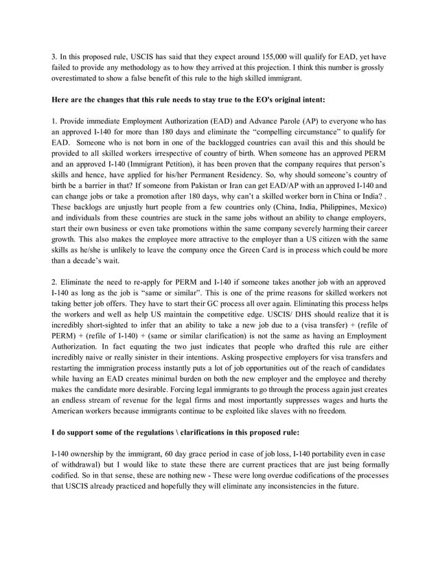 I140 EAD AP - Public Comments - Sample Comments Template | PDF