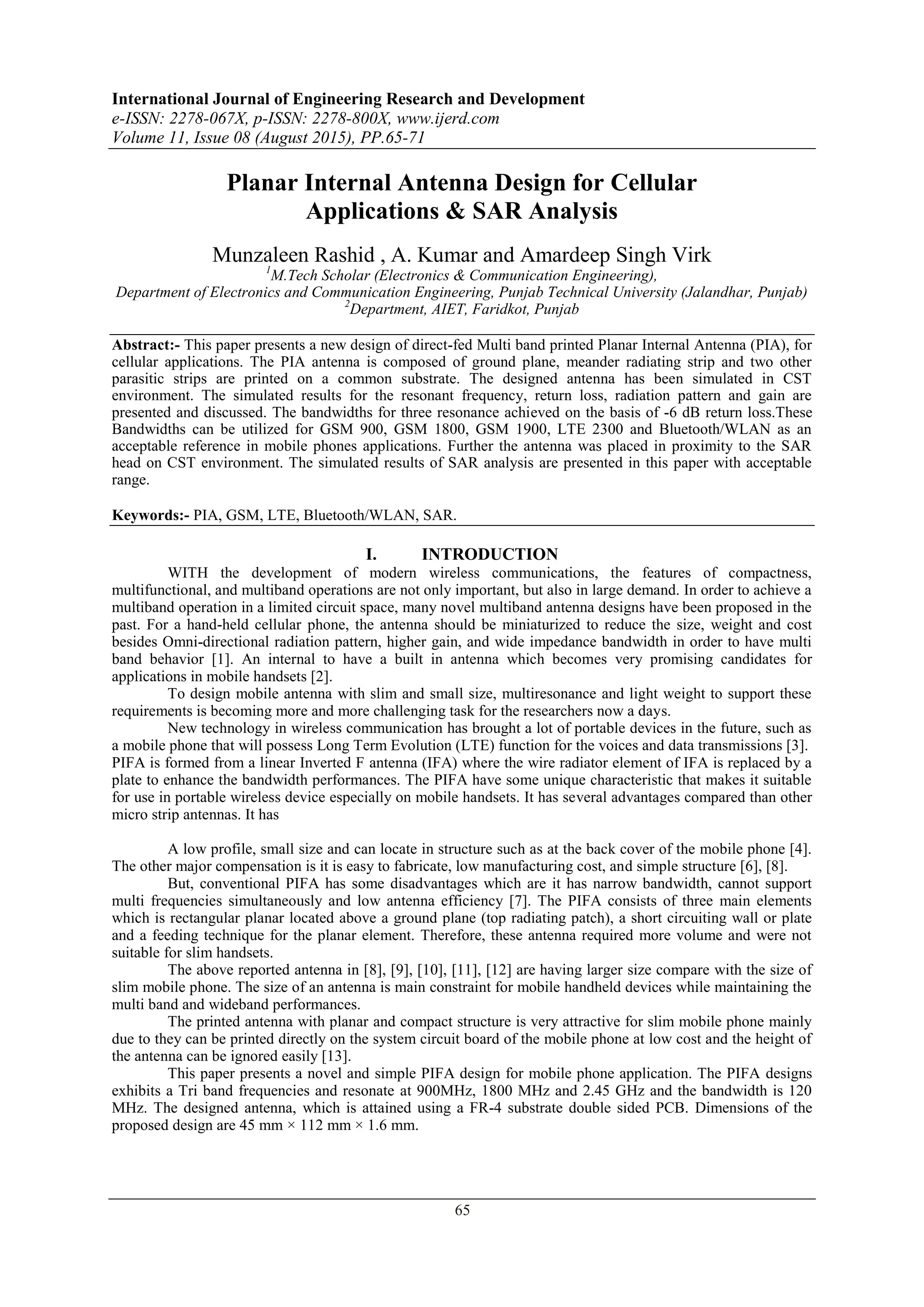 Planar Internal Antenna Design for Cellular Applications & SAR Analysis ...
