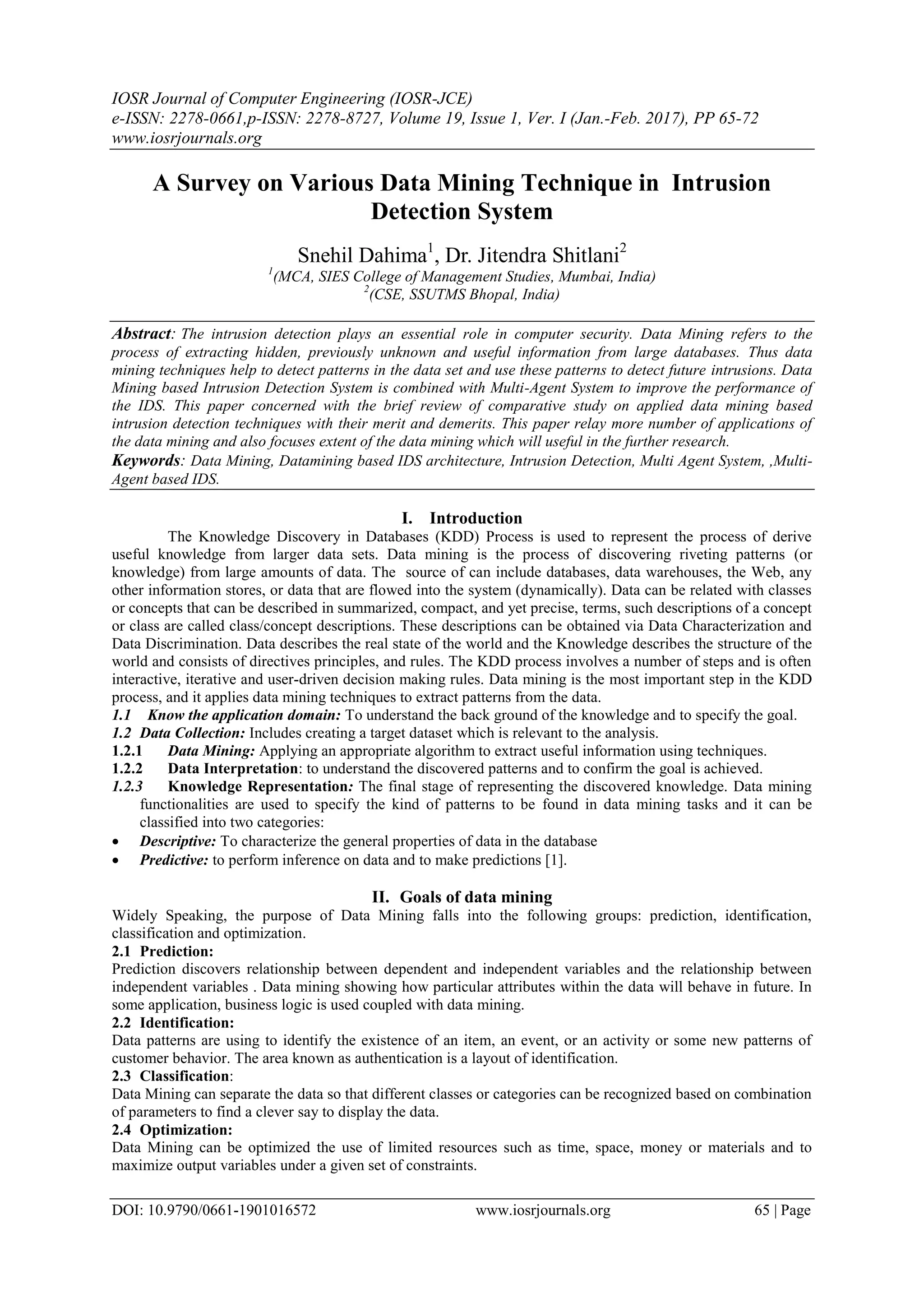 A Survey on Various Data Mining Technique in Intrusion Detection System | PDF