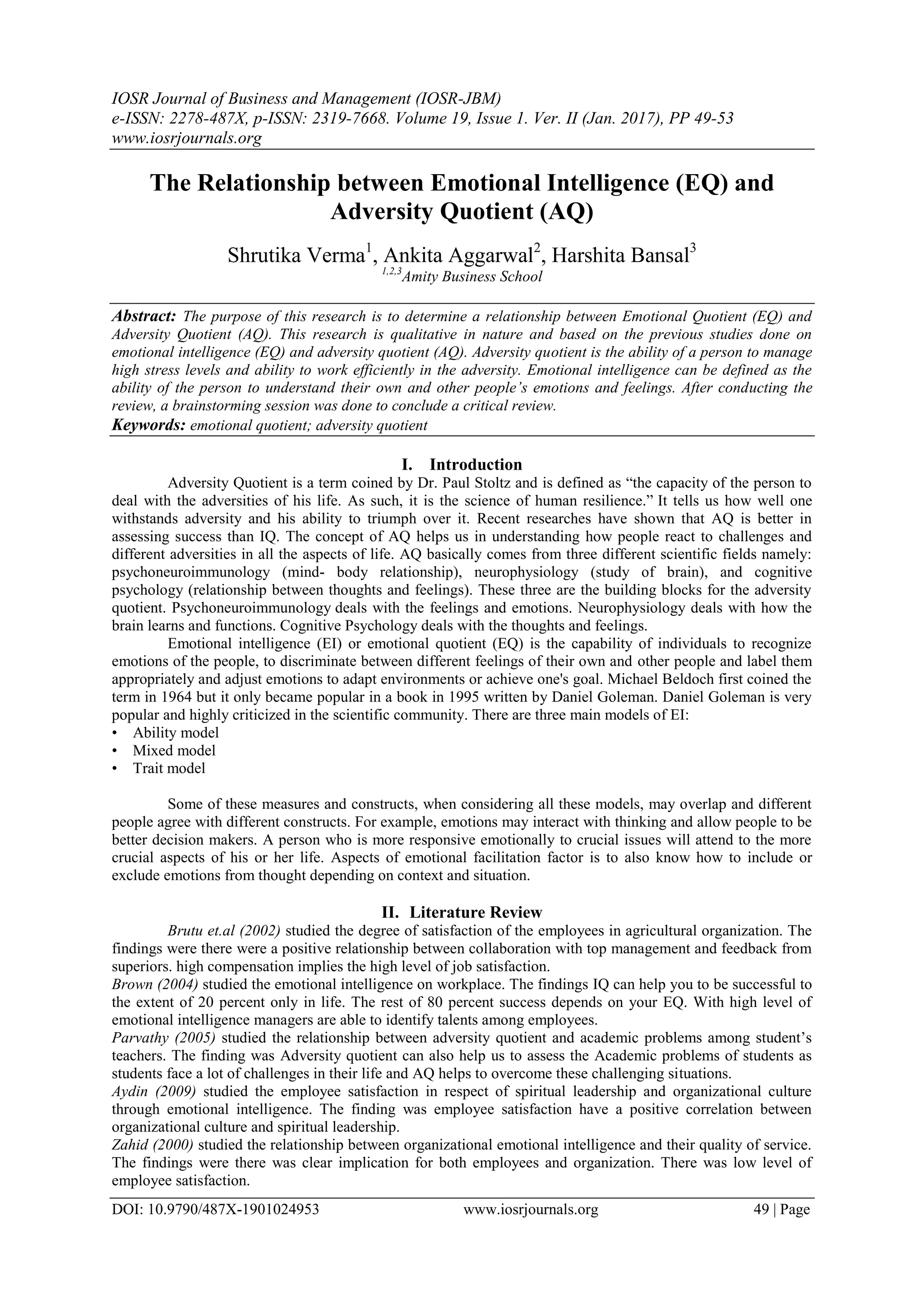 The Relationship between Emotional Intelligence (EQ) and Adversity ...