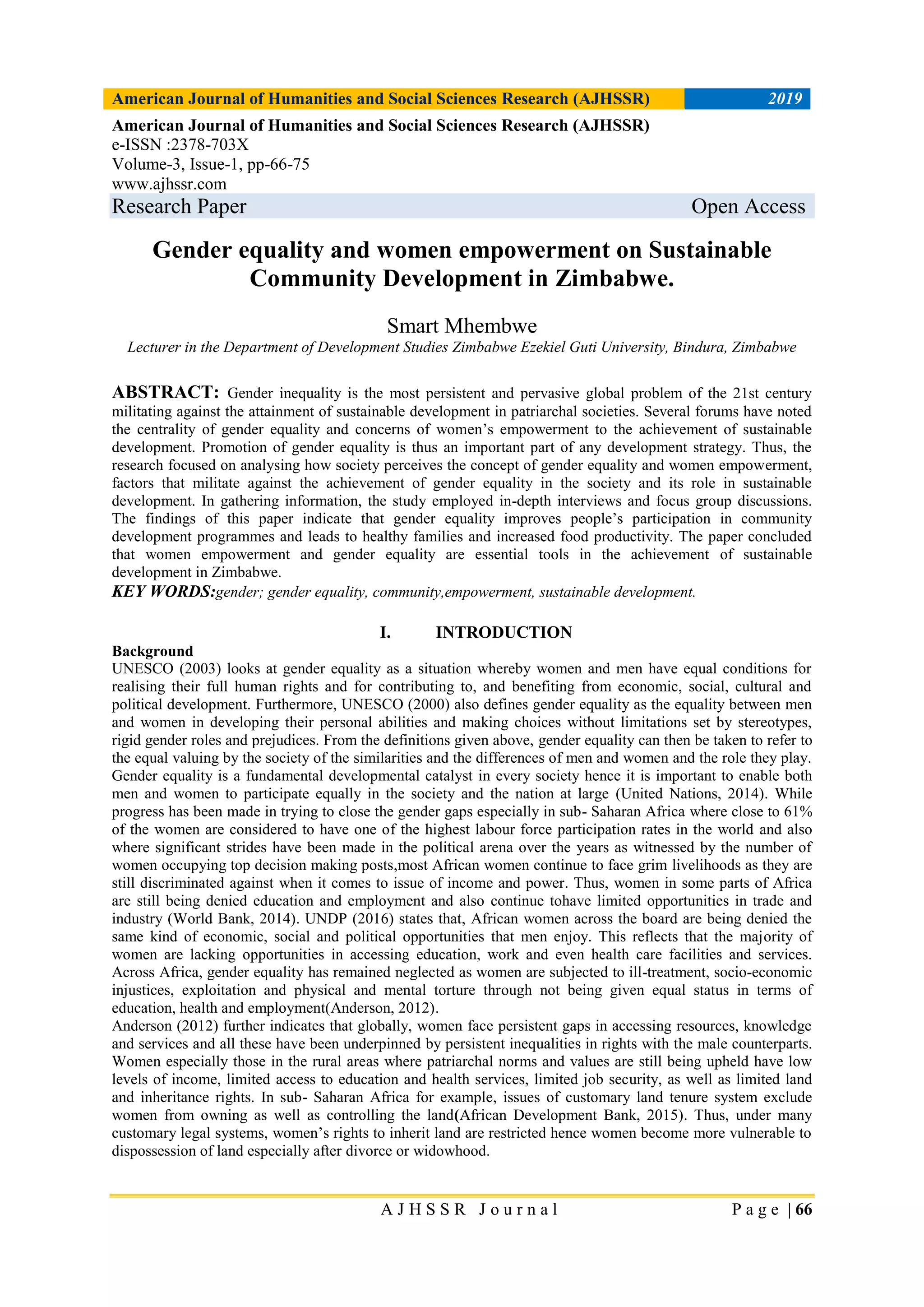 Gender equality and women empowerment on Sustainable Community Development in Zimbabwe | PDF ...