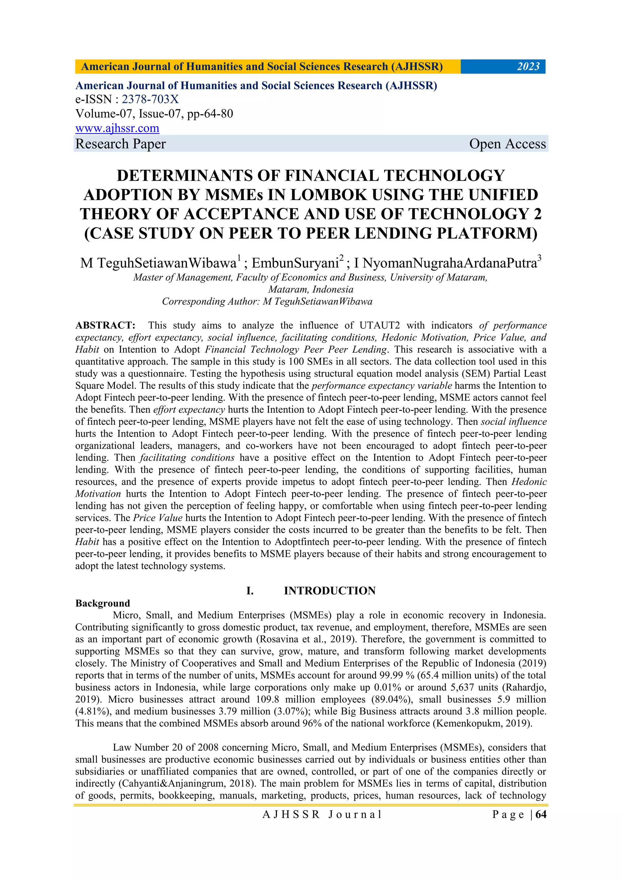 DETERMINANTS OF FINANCIAL TECHNOLOGY ADOPTION BY MSMEs IN LOMBOK USING THE UNIFIED THEORY OF ...