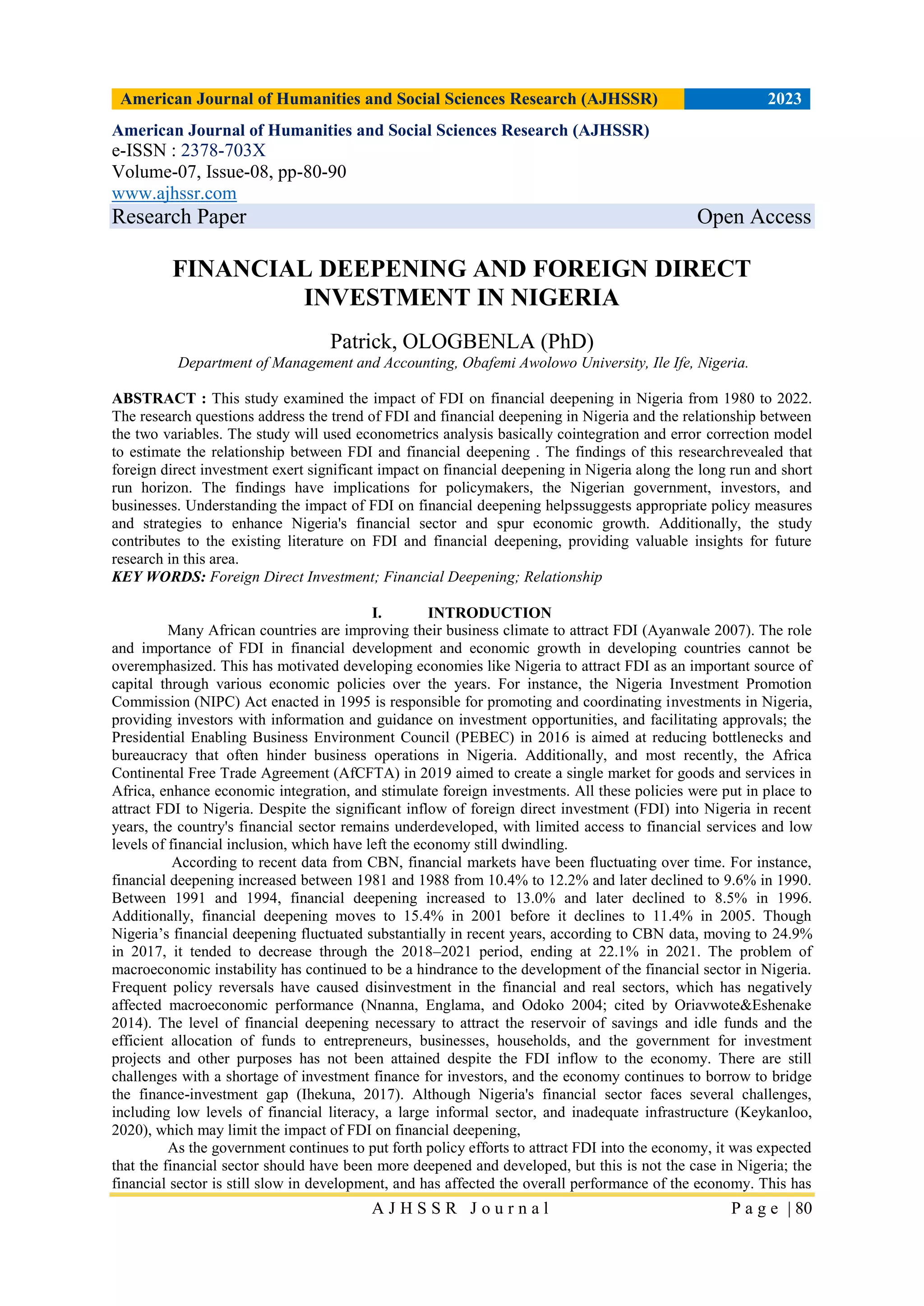 FINANCIAL DEEPENING AND FOREIGN DIRECT INVESTMENT IN NIGERIA | PDF