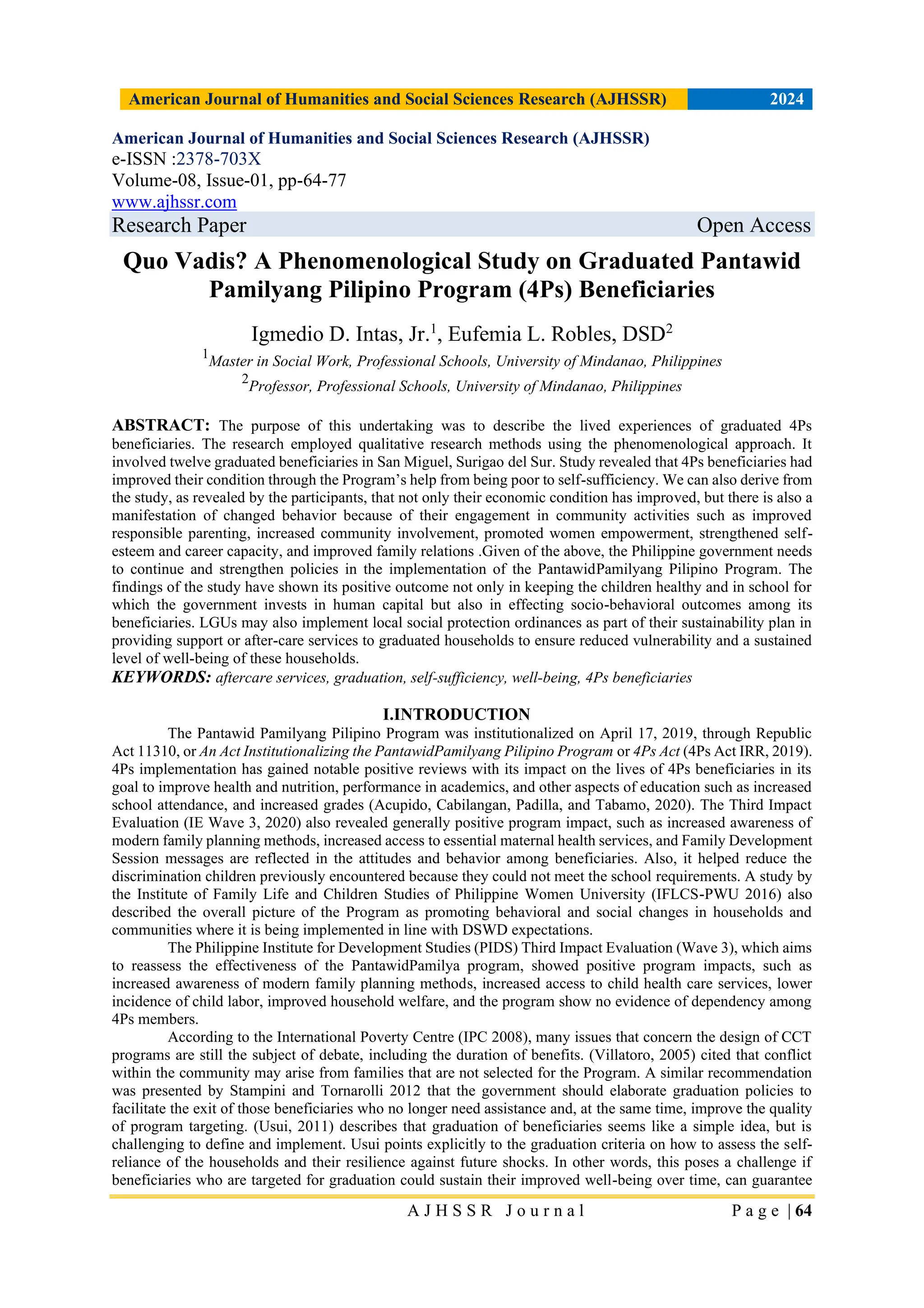 Quo Vadis? A Phenomenological Study on Graduated Pantawid Pamilyang ...