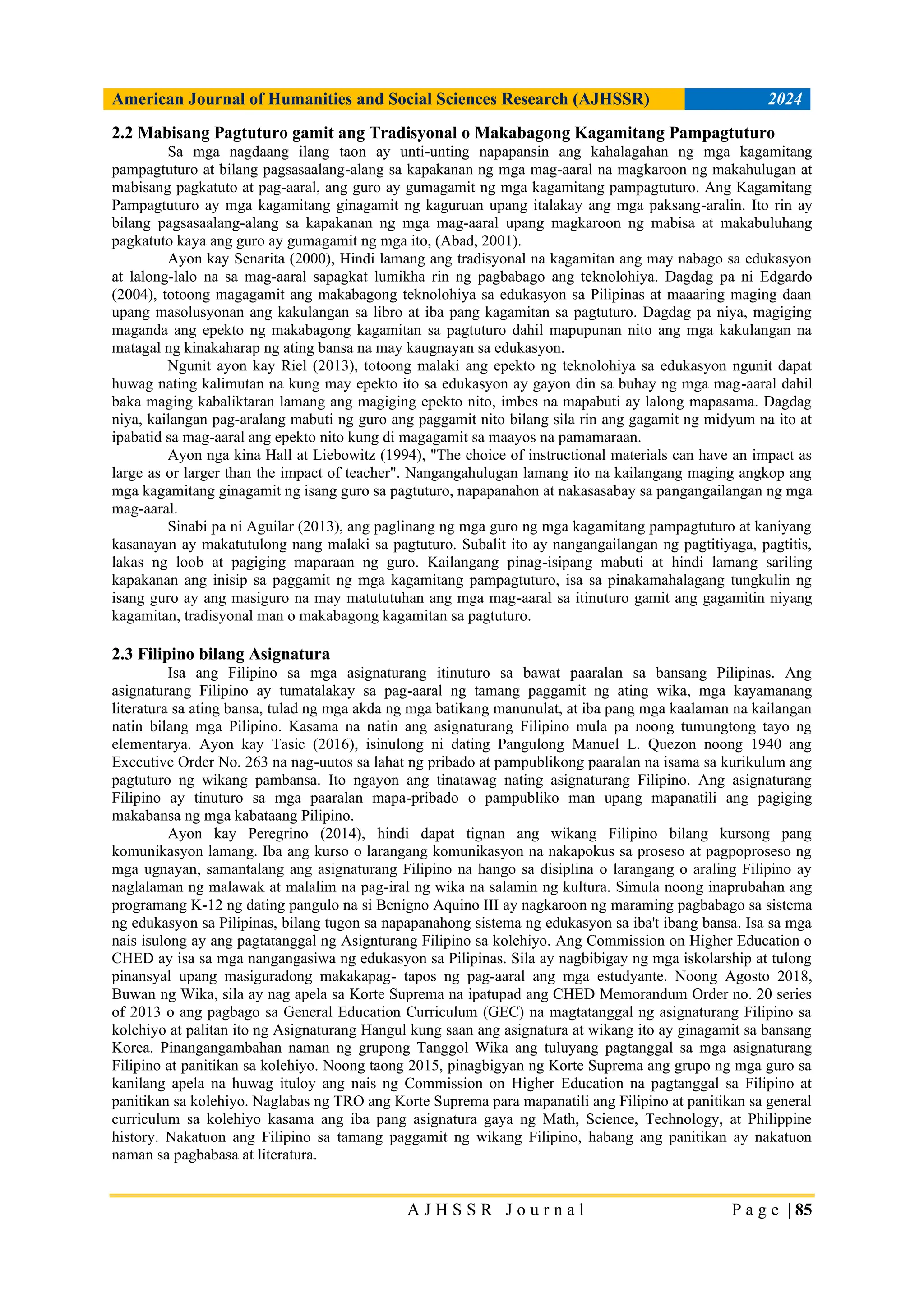 Mga Kagamitang Pampagtuturong Ginagamit sa mga Asignaturang Filipino | PDF