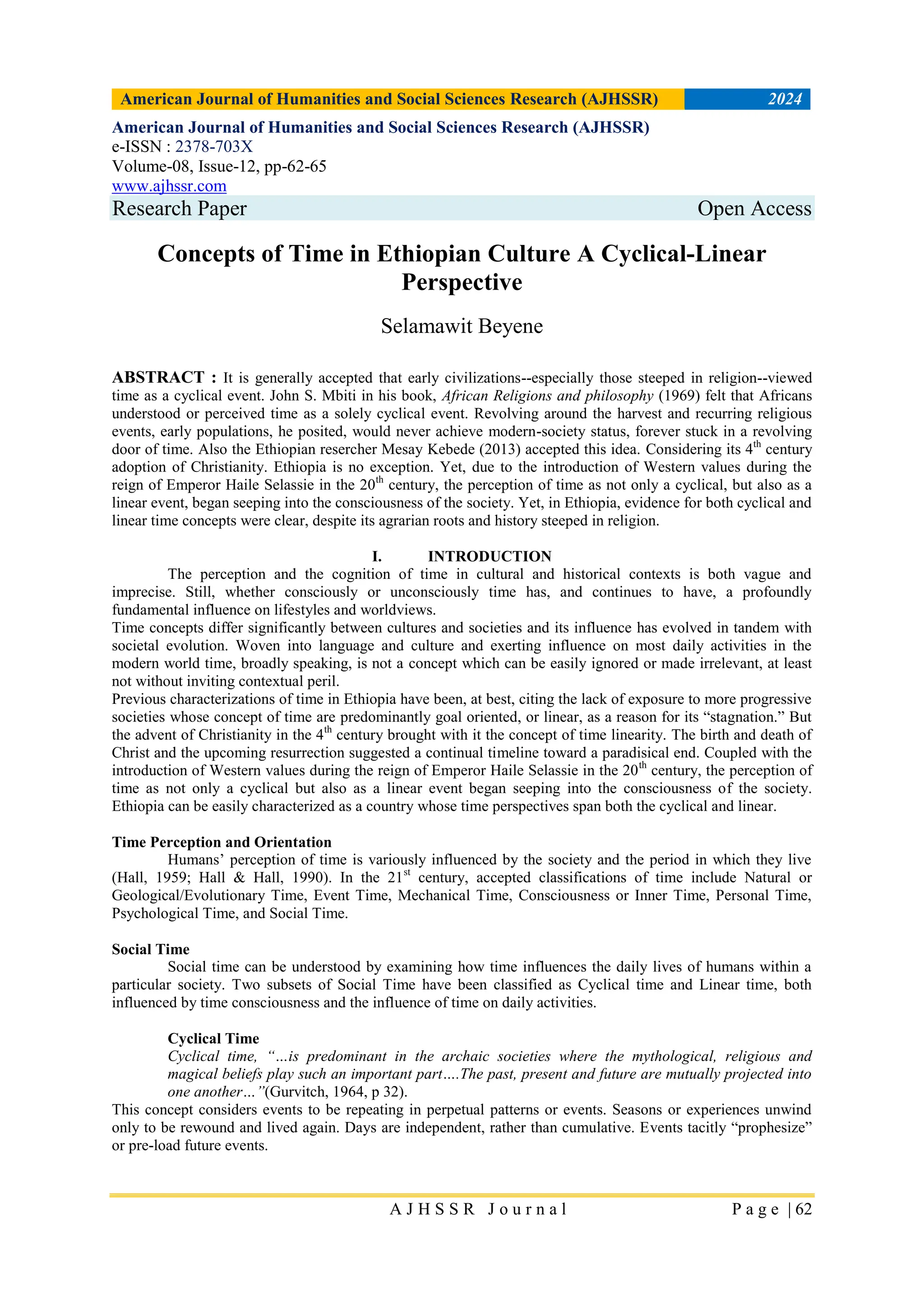 Concepts of Time in Ethiopian Culture A Cyclical-Linear Perspective | PDF