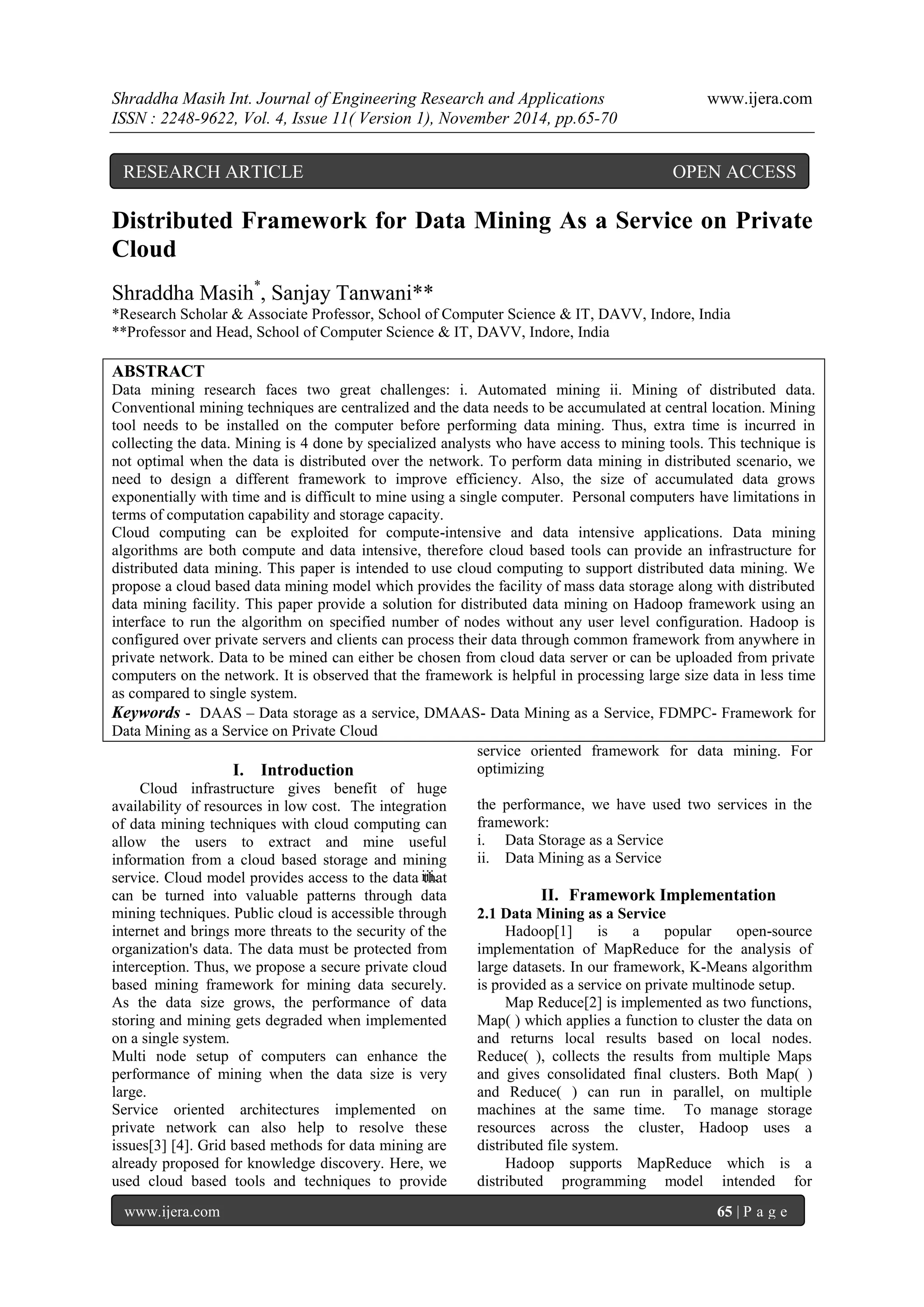 Distributed Framework for Data Mining As a Service on Private Cloud | PDF
