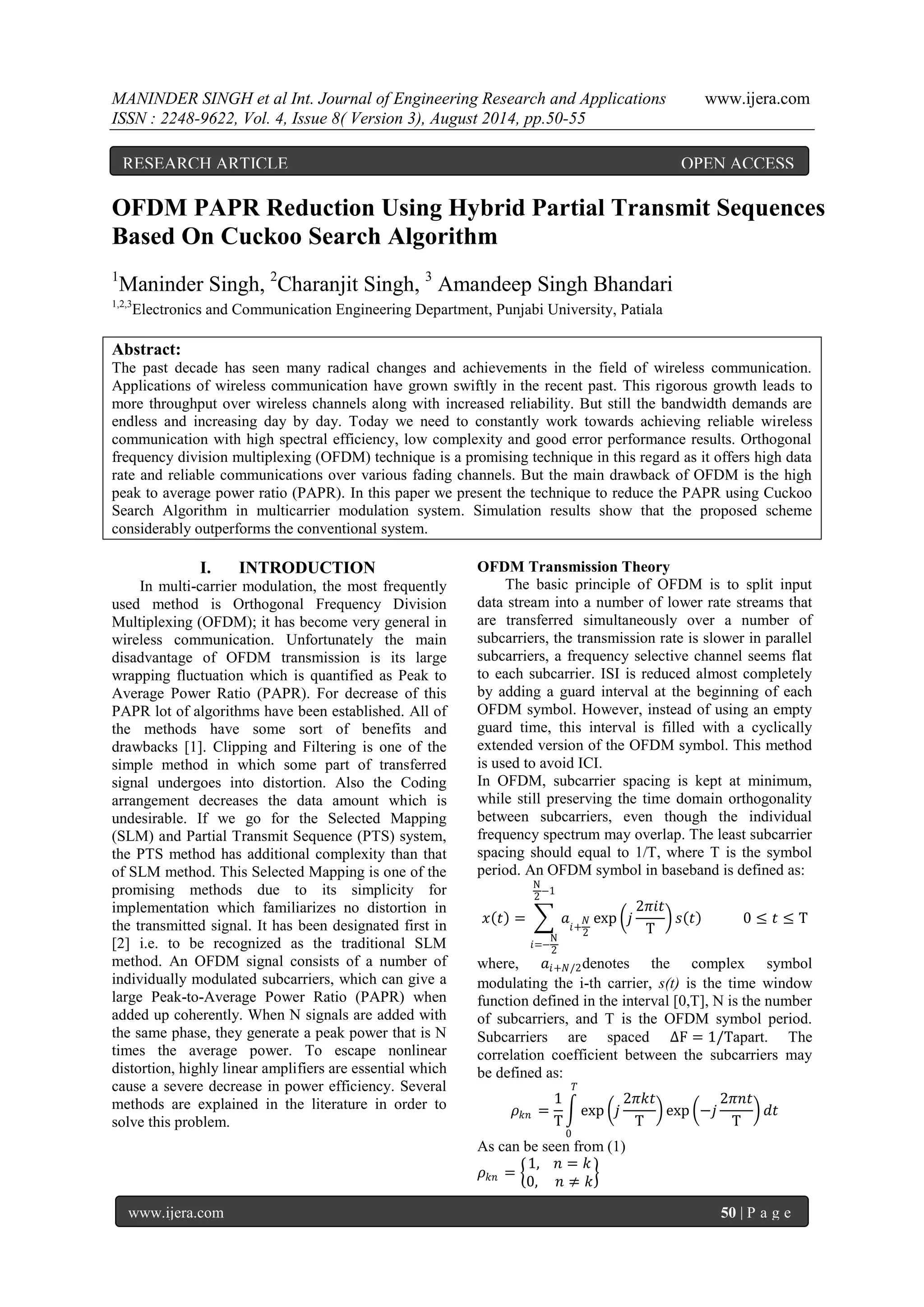 OFDM PAPR Reduction Using Hybrid Partial Transmit Sequences Based On Cuckoo Search Algorithm | PDF