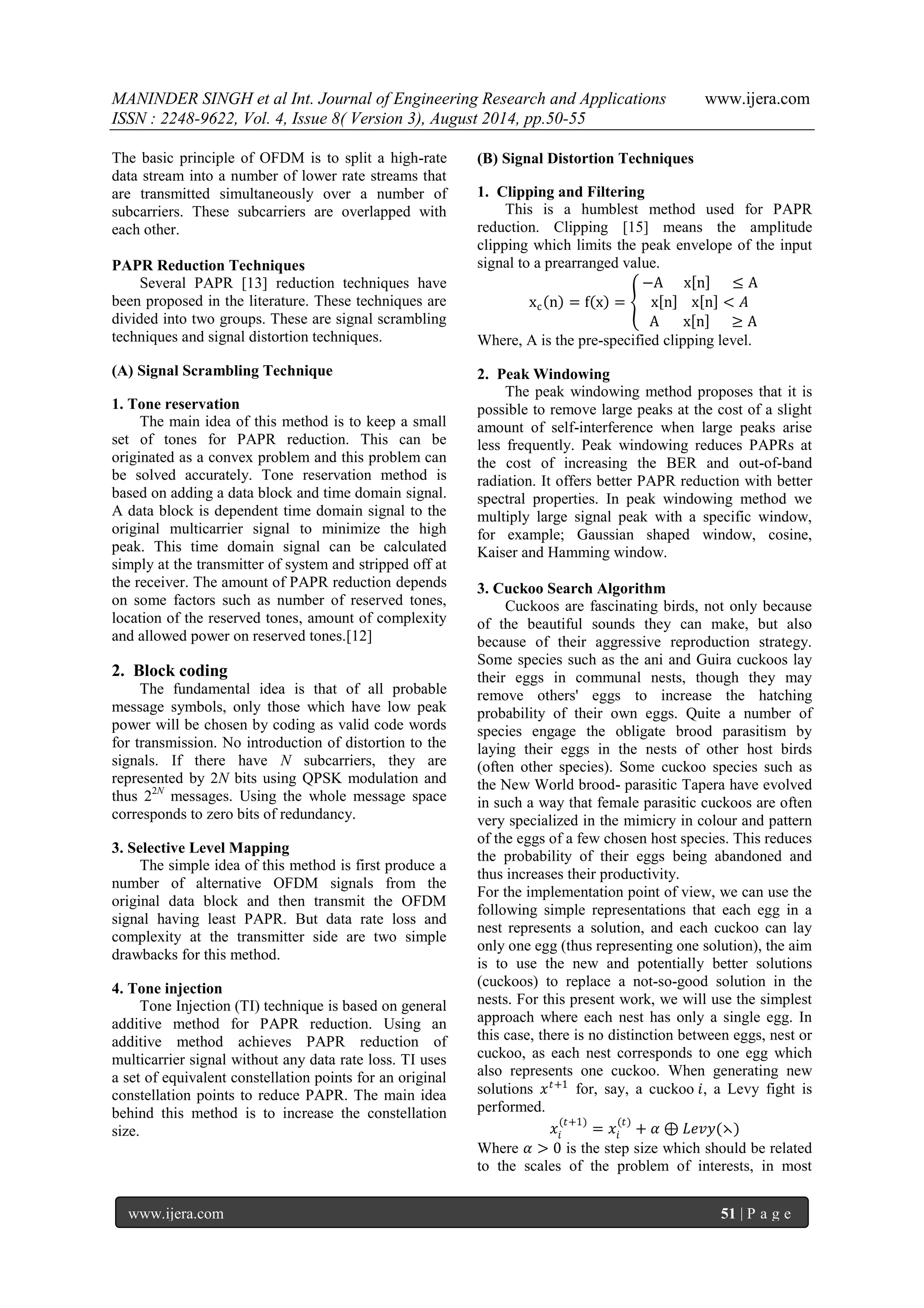 OFDM PAPR Reduction Using Hybrid Partial Transmit Sequences Based On Cuckoo Search Algorithm | PDF
