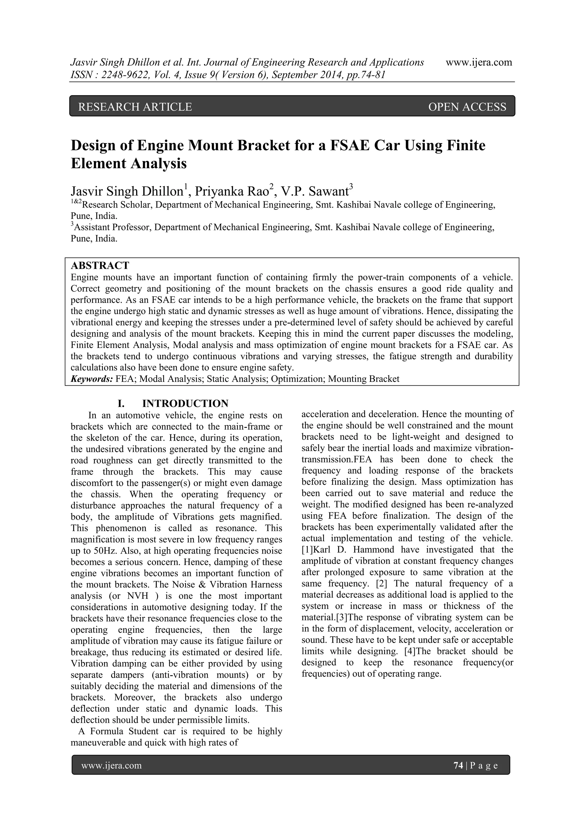 Design of Engine Mount Bracket for a FSAE Car Using Finite Element Analysis | PDF