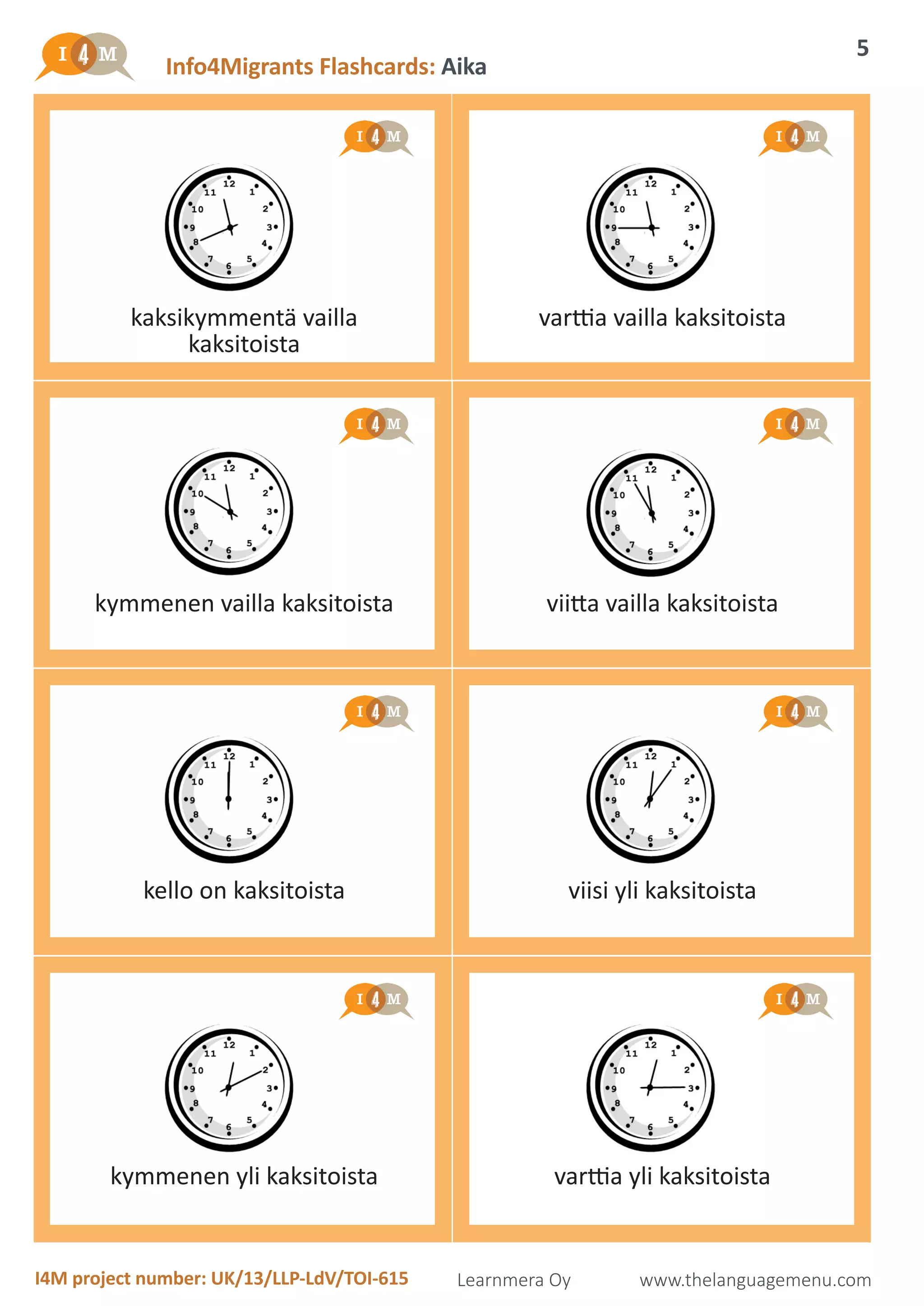 I4M flashcards: clock (in finnish) | PDF