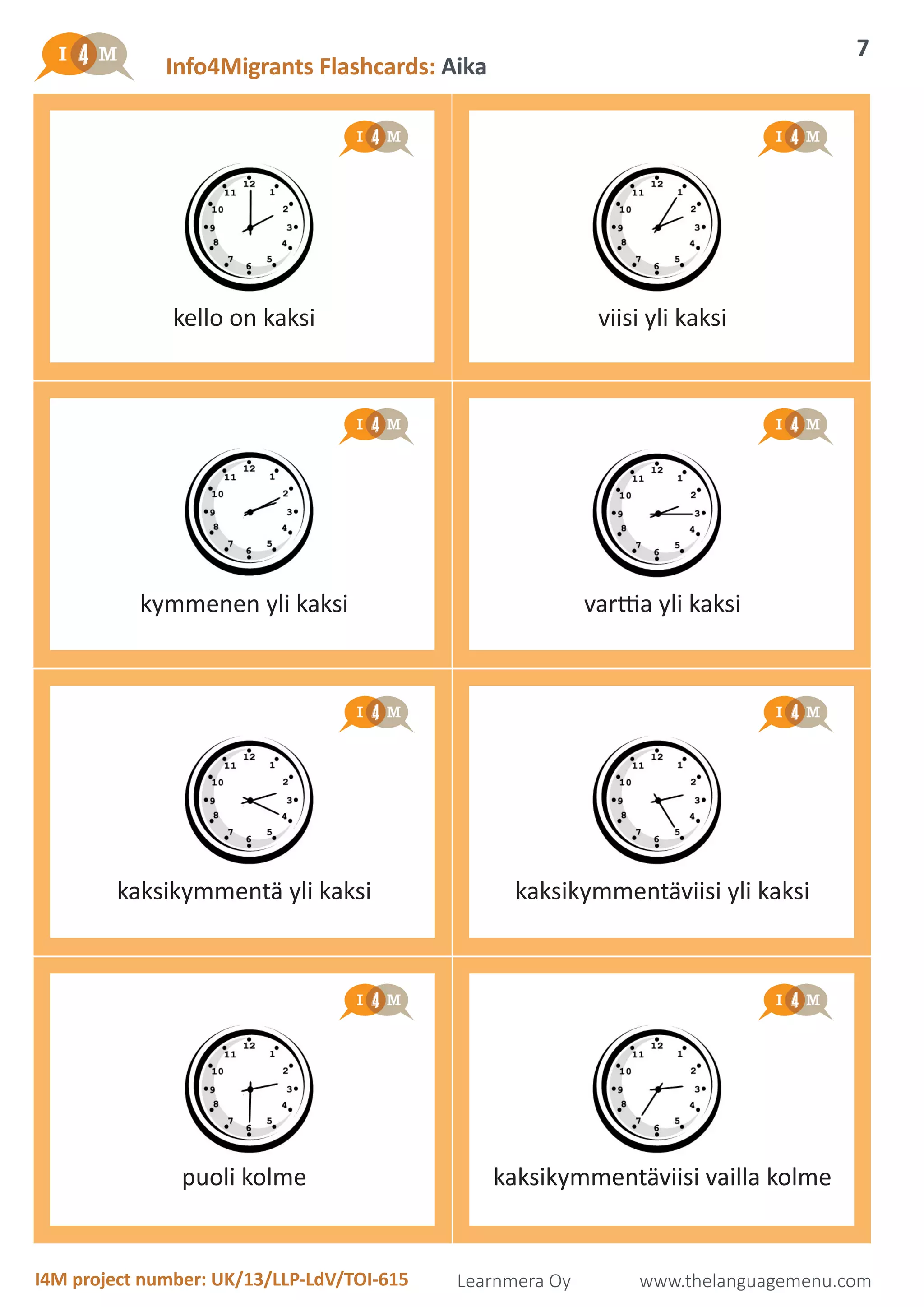 I4M flashcards: clock (in finnish) | PDF