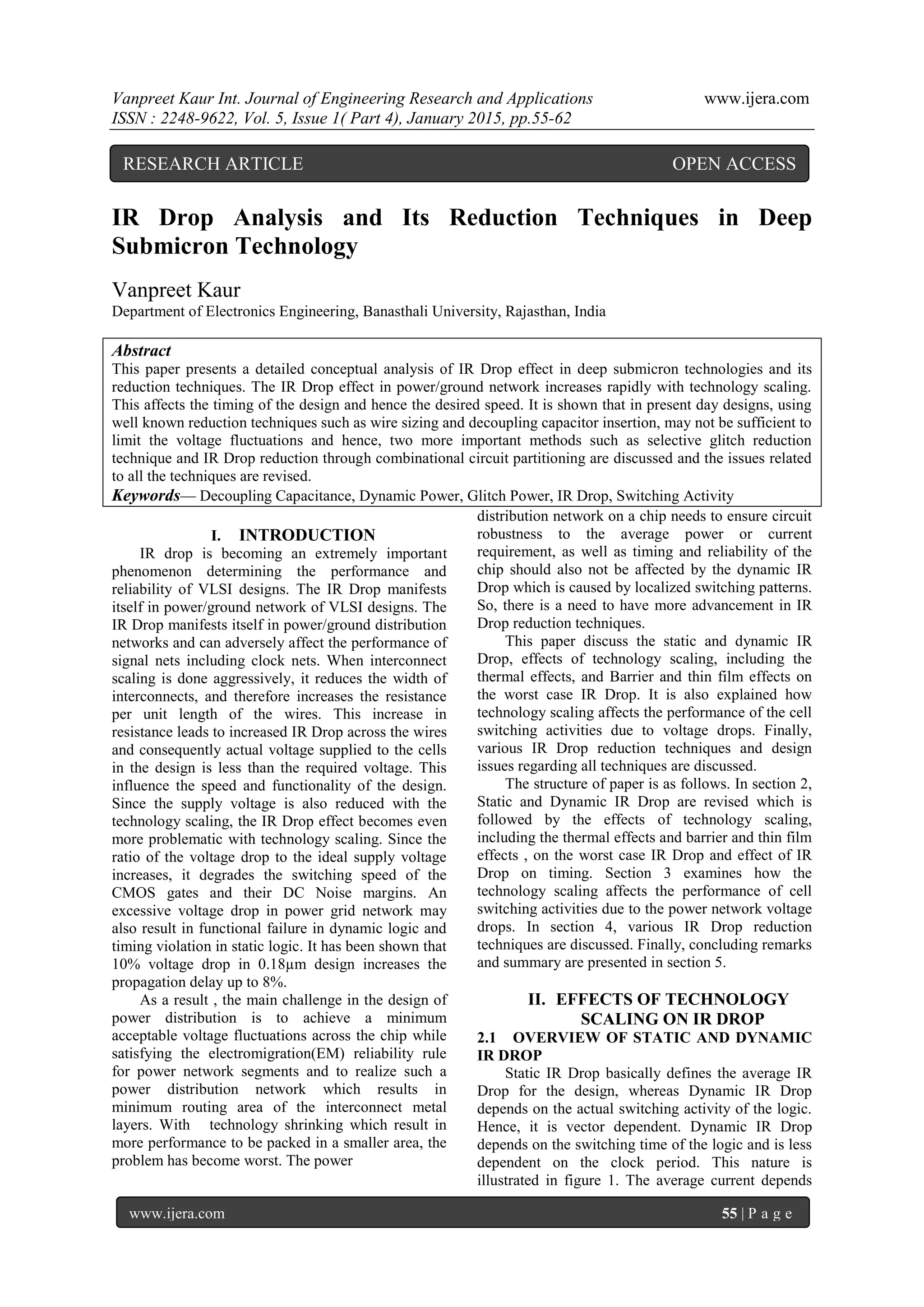 IR Drop Analysis and Its Reduction Techniques in Deep Submicron Technology | PDF