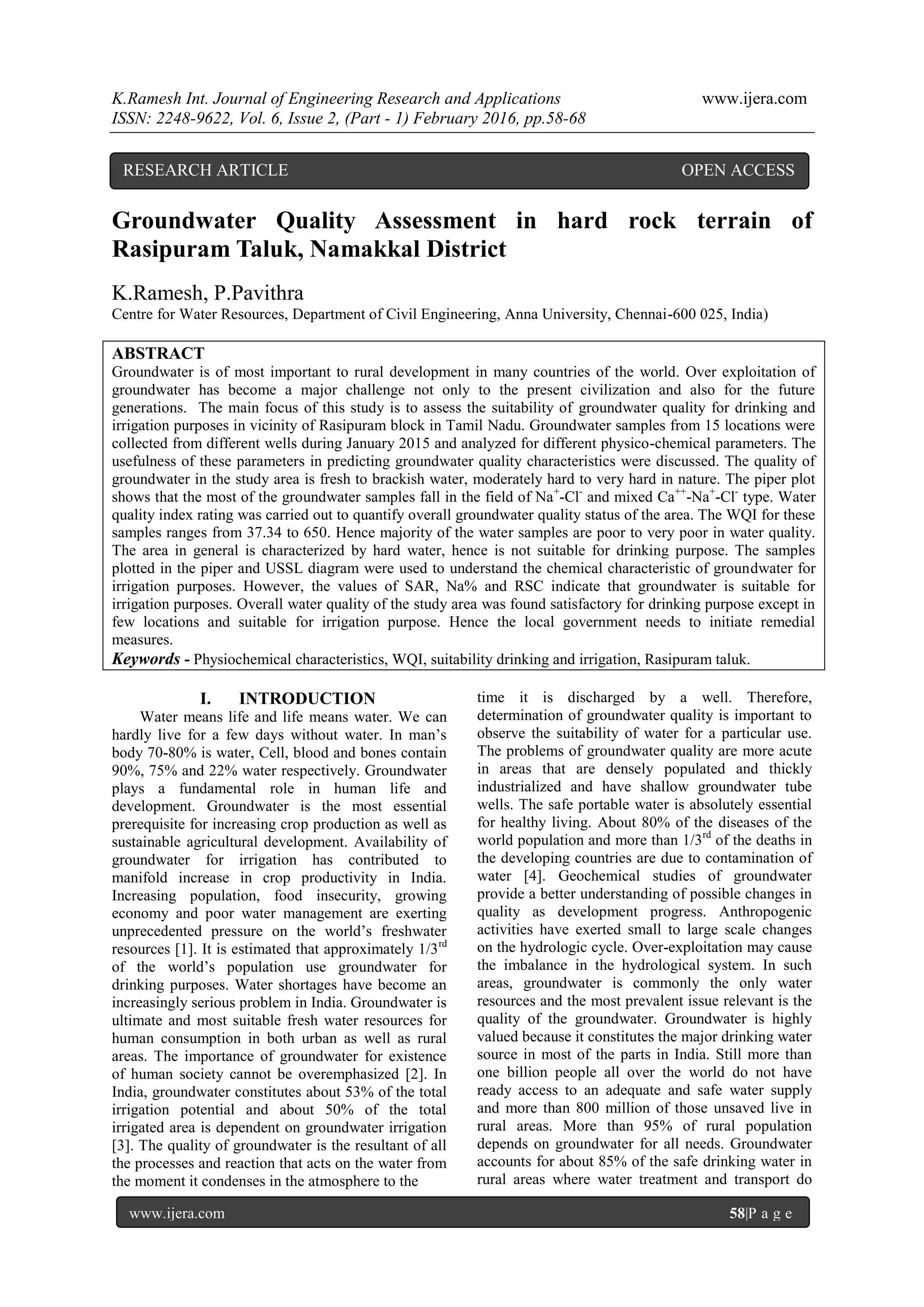 Groundwater Quality Assessment in hard rock terrain of Rasipuram Taluk ...