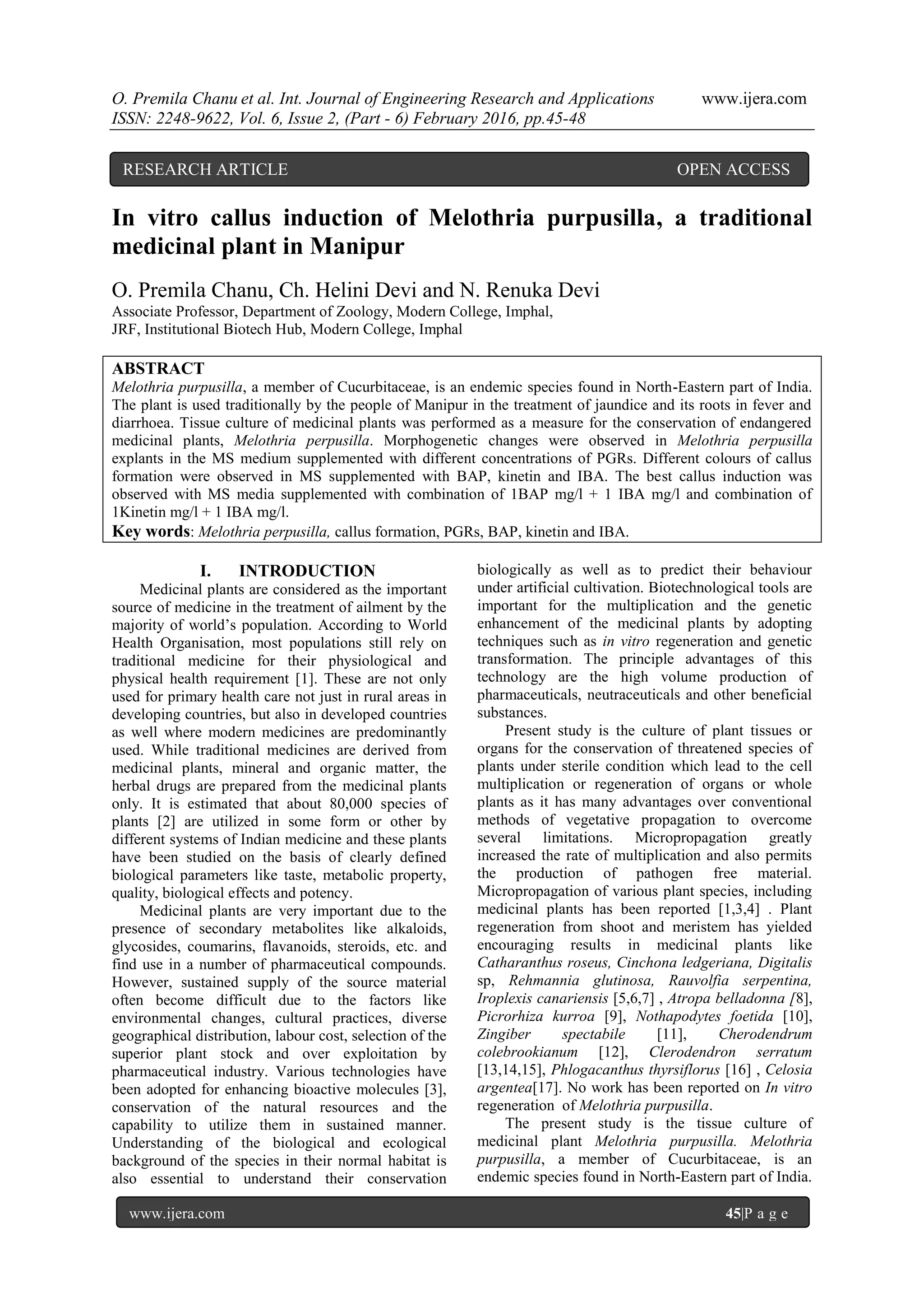 In vitro callus induction of Melothria purpusilla, a traditional ...