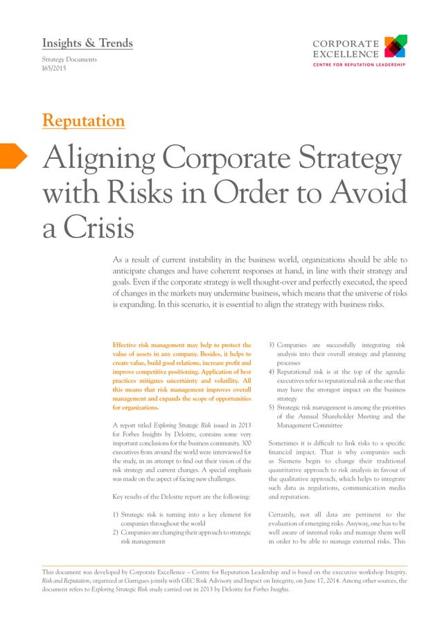 Aligning Corporate Strategy with Risks in order to avoid a Crisis | PDF