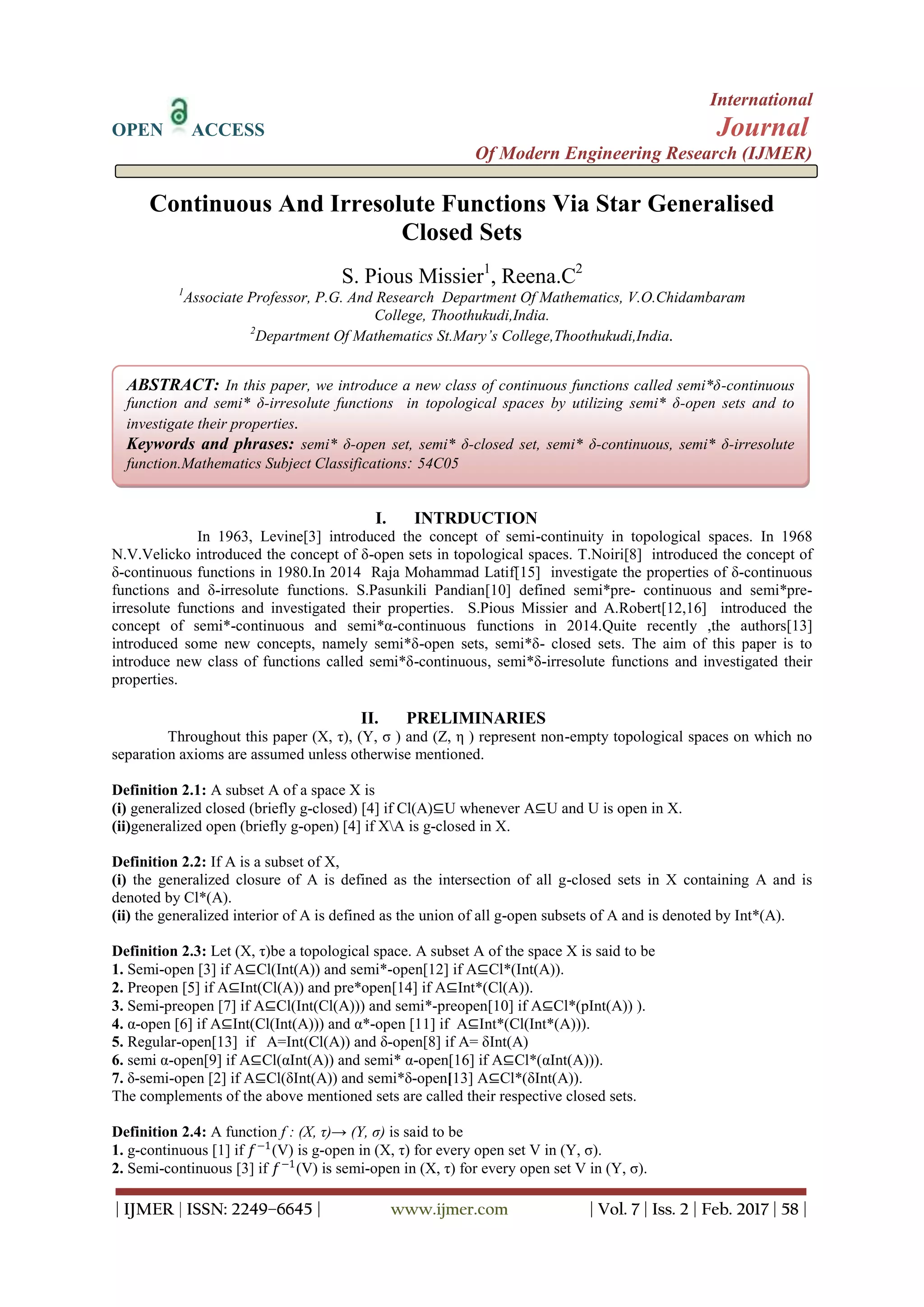 Continuous And Irresolute Functions Via Star Generalised Closed Sets | PDF