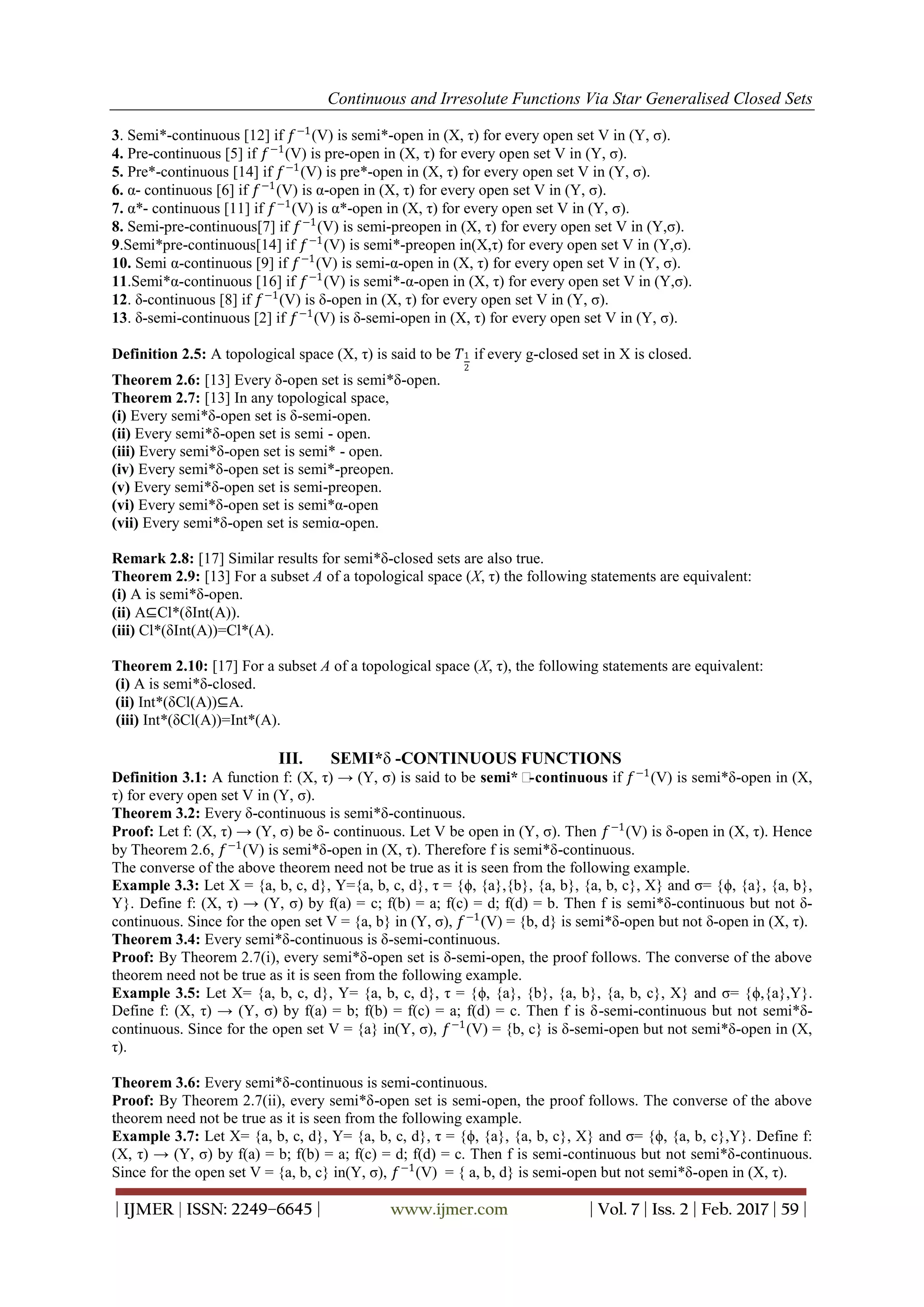 Continuous And Irresolute Functions Via Star Generalised Closed Sets | PDF