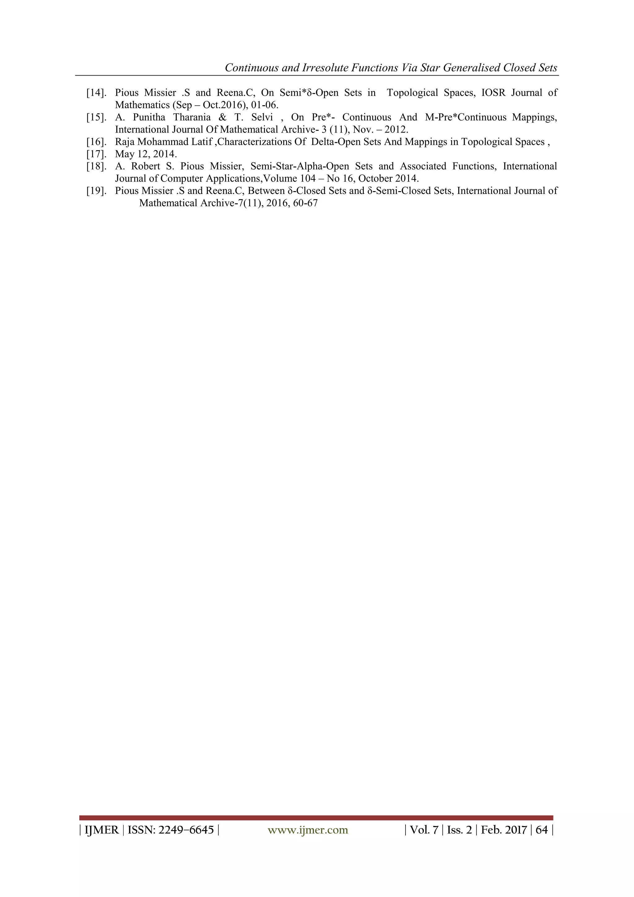 Continuous And Irresolute Functions Via Star Generalised Closed Sets | PDF