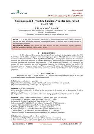 Continuous And Irresolute Functions Via Star Generalised Closed Sets | PDF