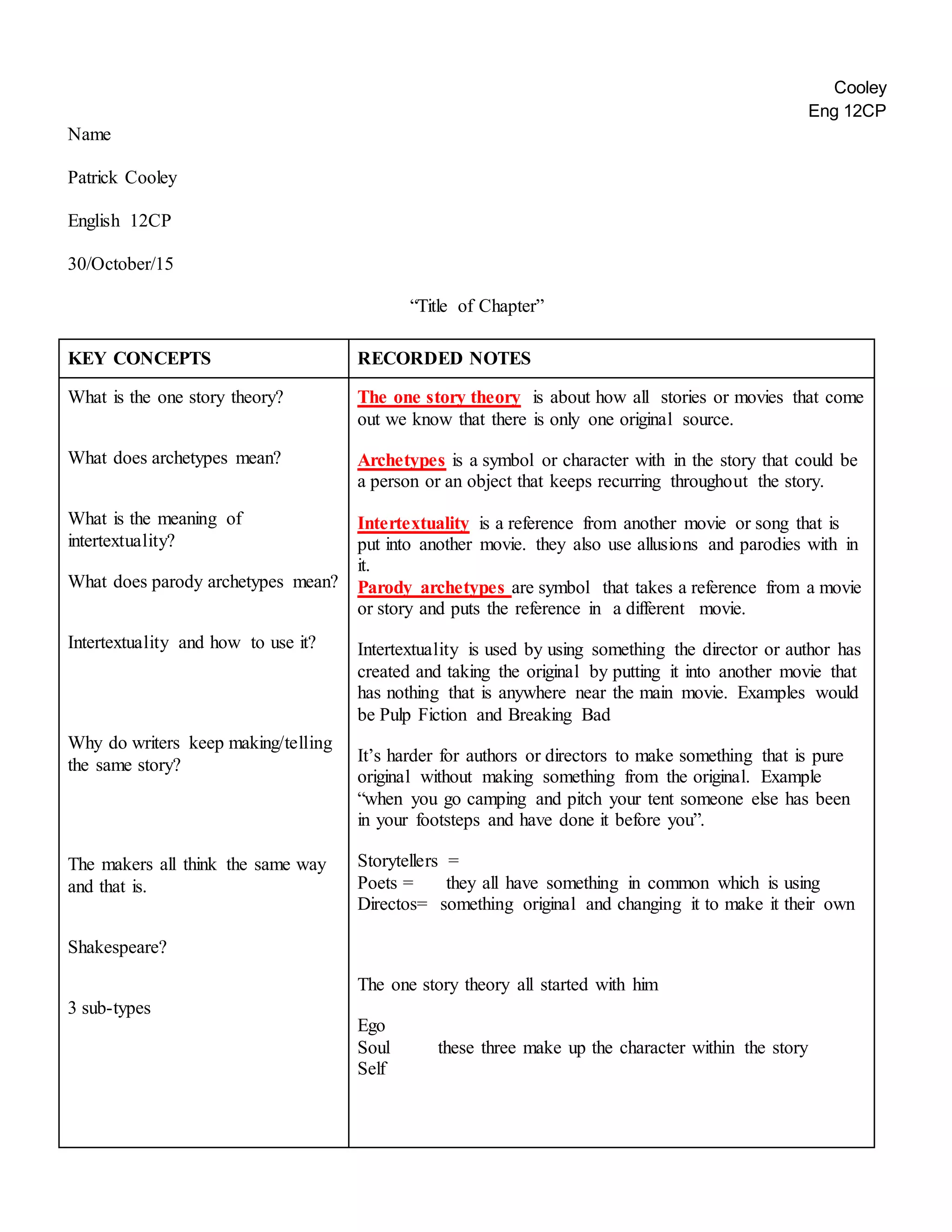 One story theory question notes | DOCX