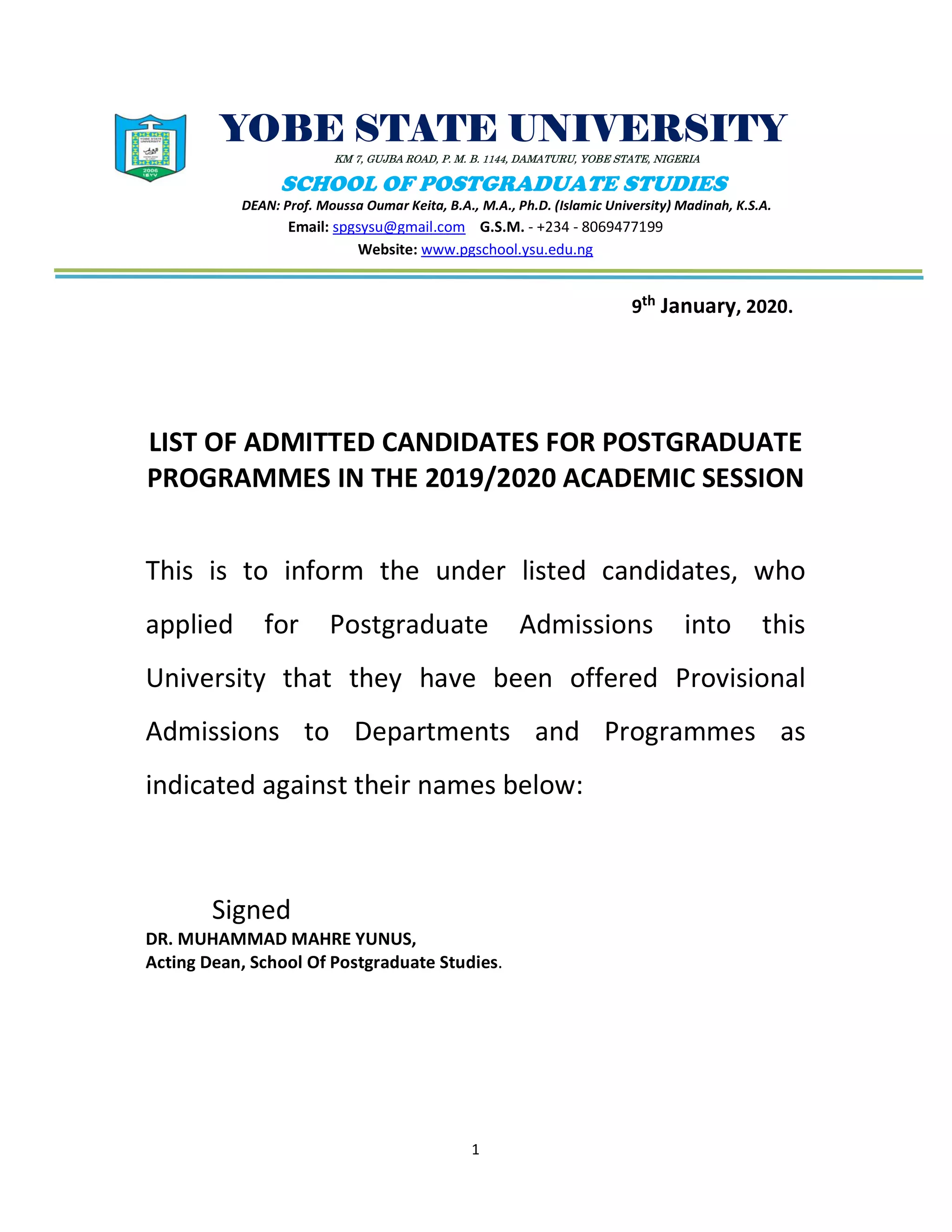 YSU Postgraduate Admission List For 2019/2020 Session | PDF