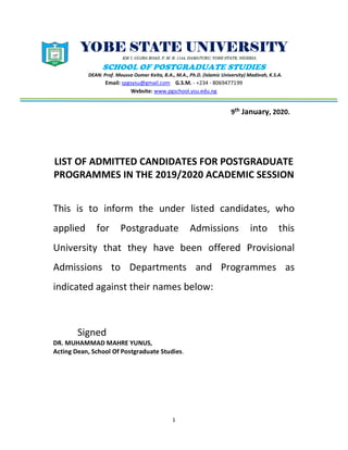 YSU Postgraduate Admission List For 2019/2020 Session | PDF