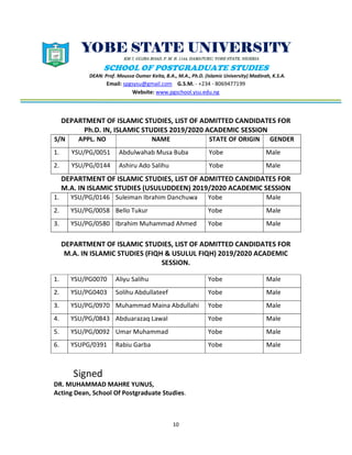 YSU Postgraduate Admission List For 2019/2020 Session | PDF