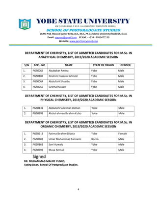 YSU Postgraduate Admission List For 2019/2020 Session | PDF