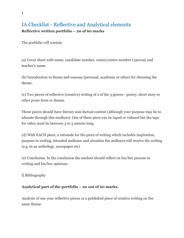 Communication Studies IA Checklist - Reflective and Analytical Elements ...