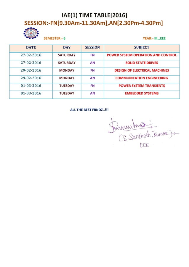 Iae(1) Time Table(sem 6) | PDF