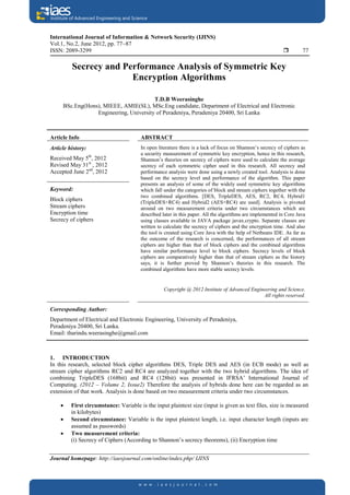 Secrecy and Performance Analysis of Symmetric Key Encryption Algorithms | PDF