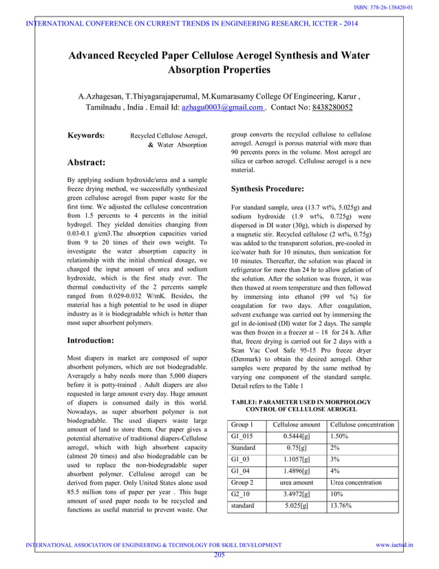 Iaetsd advanced recycled paper cellulose aerogel synthesis and water | PDF
