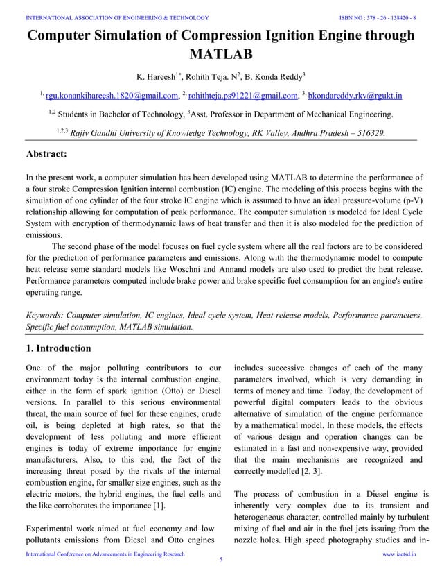 Iaetsd computer simulation of compression ignition engine through matlab | PDF
