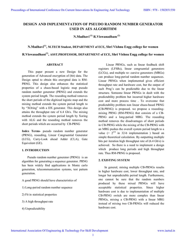 Iaetsd design and implementation of pseudo random number generator | PDF