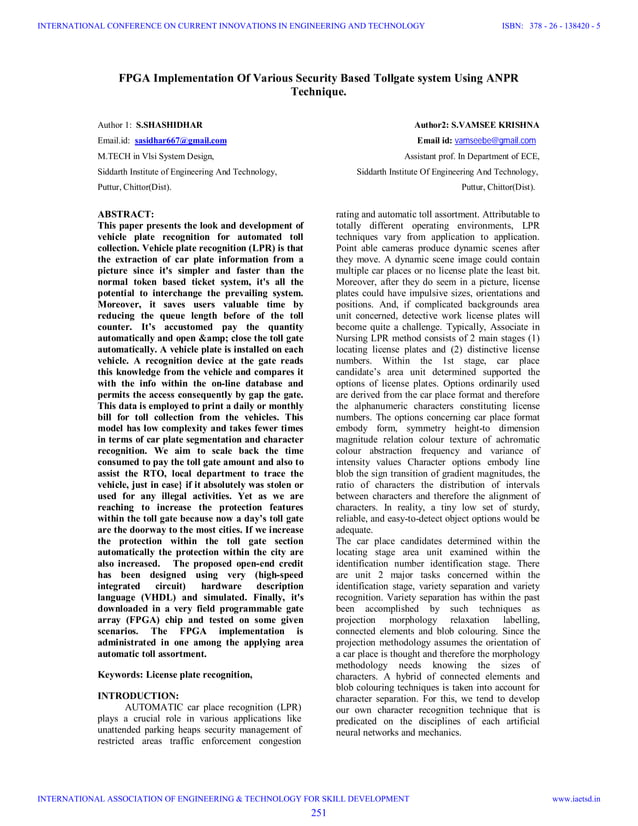 Iaetsd fpga implementation of various security based tollgate system using anpr | PDF ...
